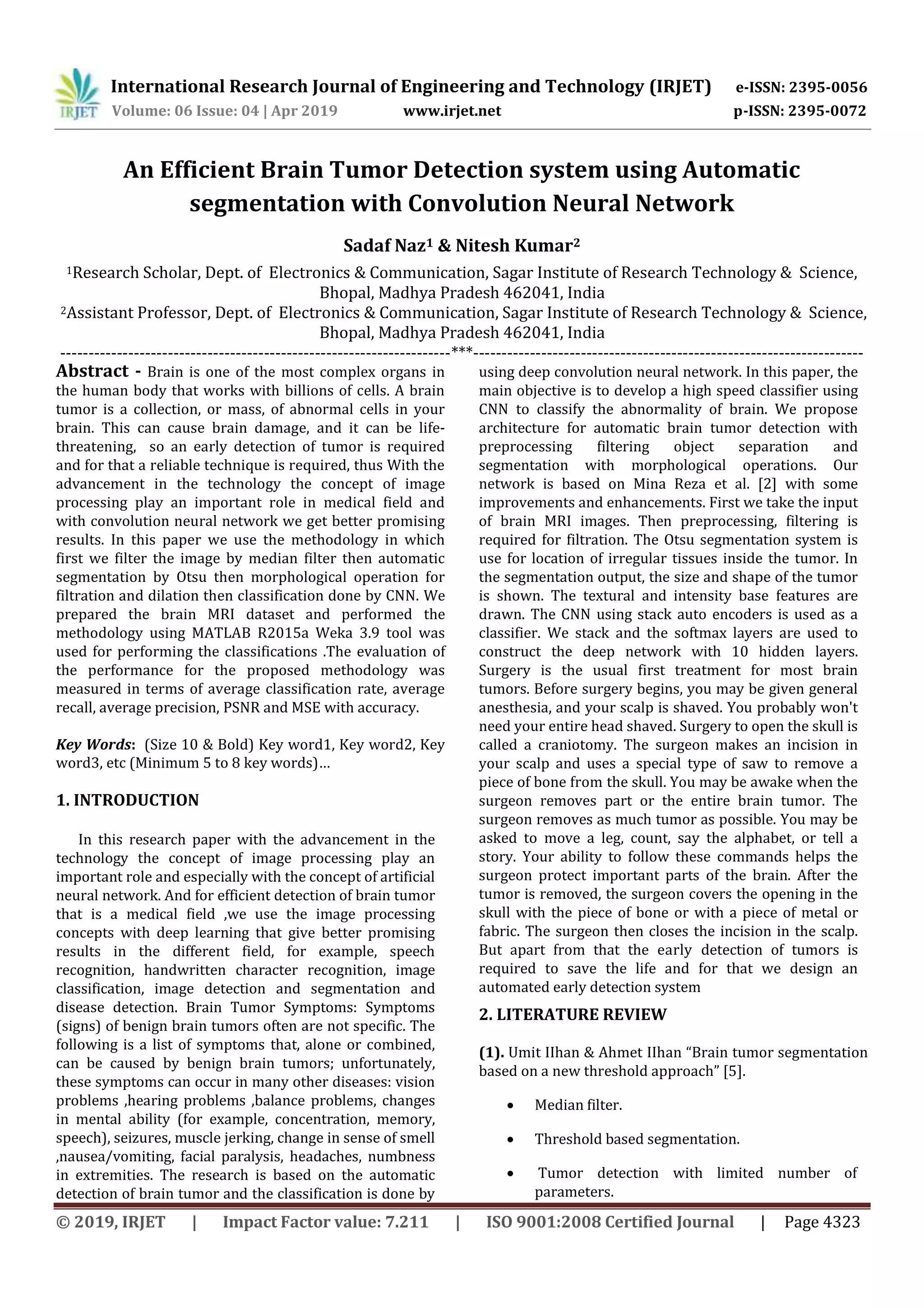 IRJET- An Efficient Brain Tumor Detection System using Automatic Segmentation with Convolution ...
