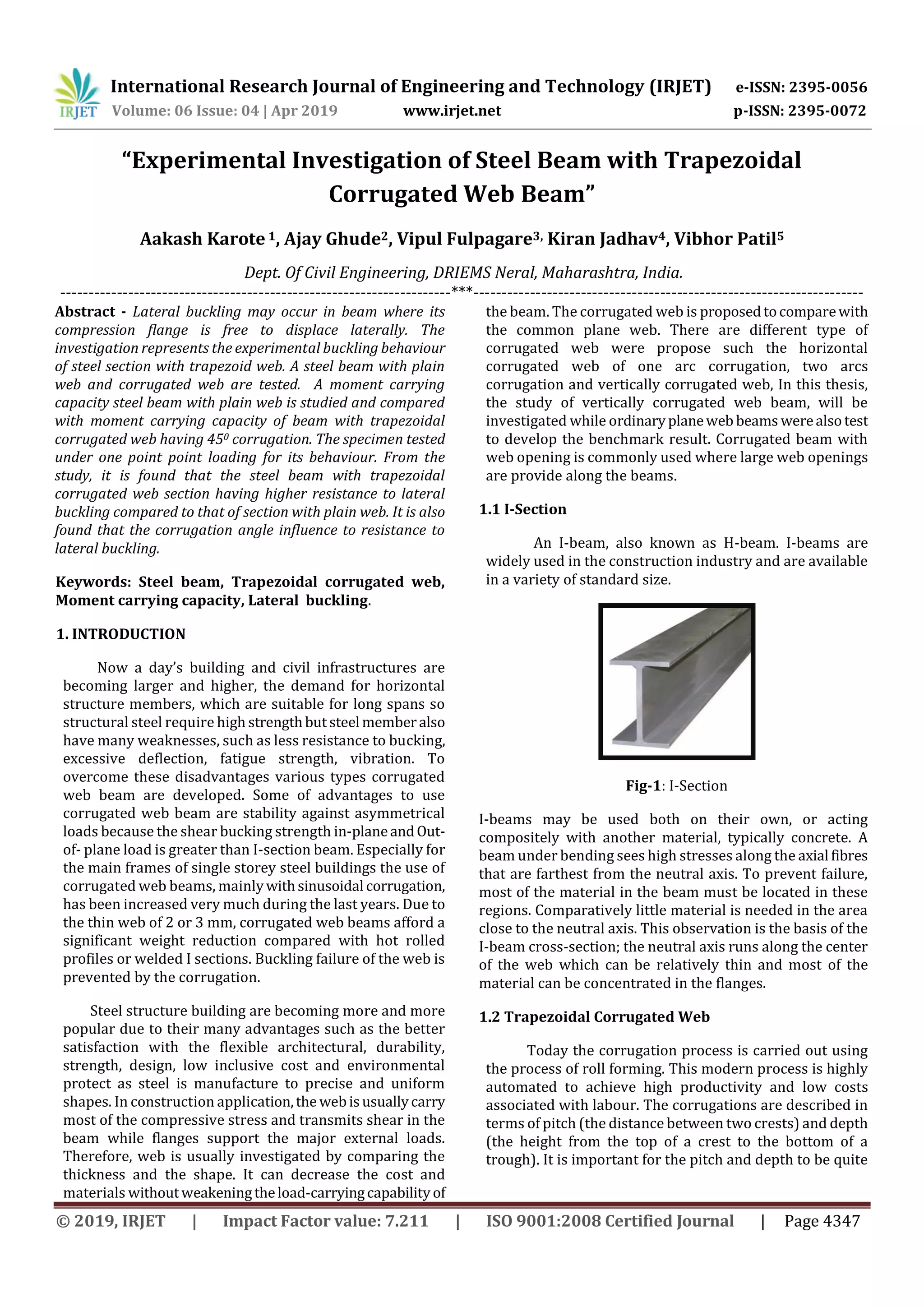 IRJET- Experimental Investigation of Steel Beam with Trapezoidal ...