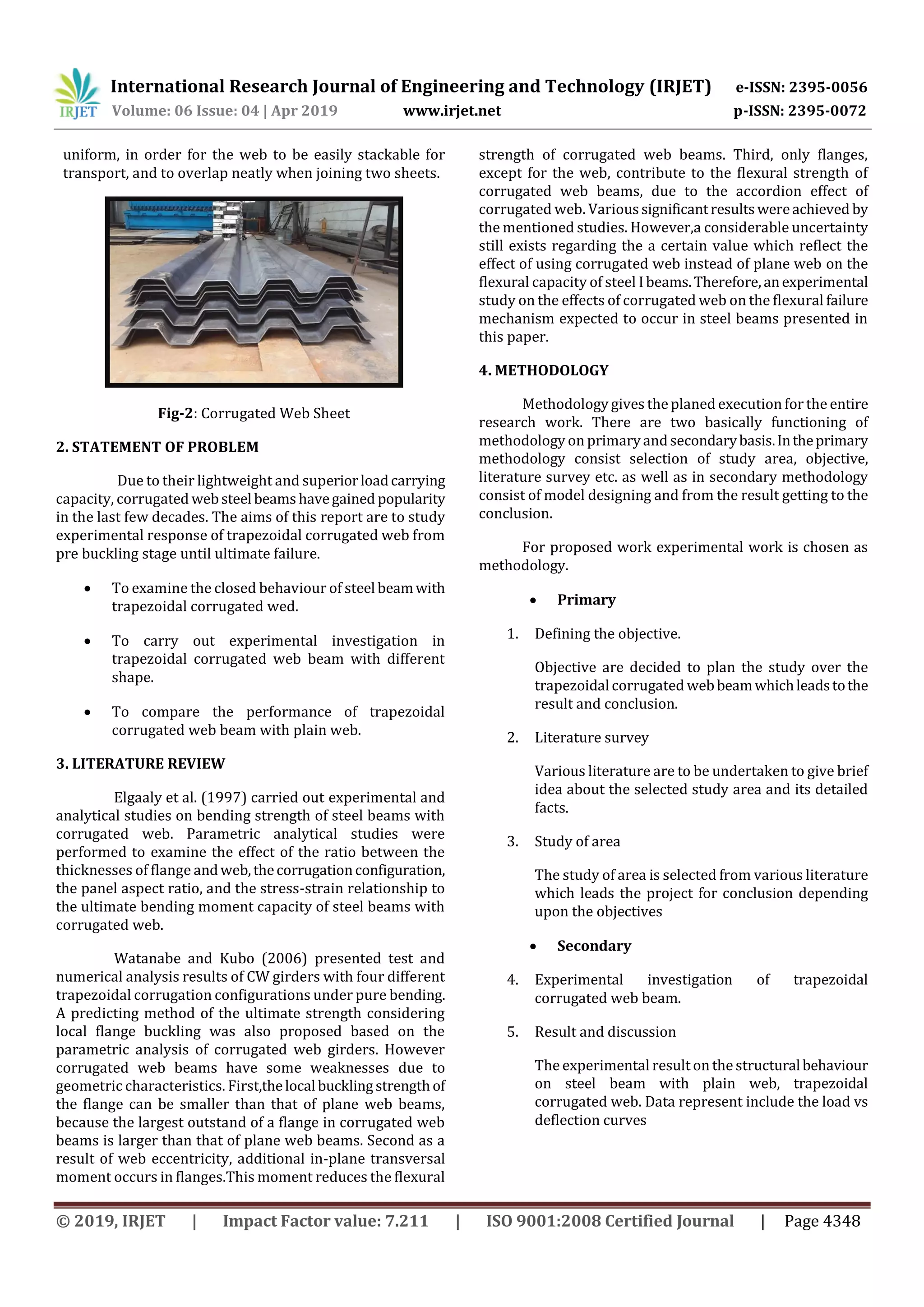 IRJET- Experimental Investigation of Steel Beam with Trapezoidal Corrugated Web Beam | PDF | Web ...