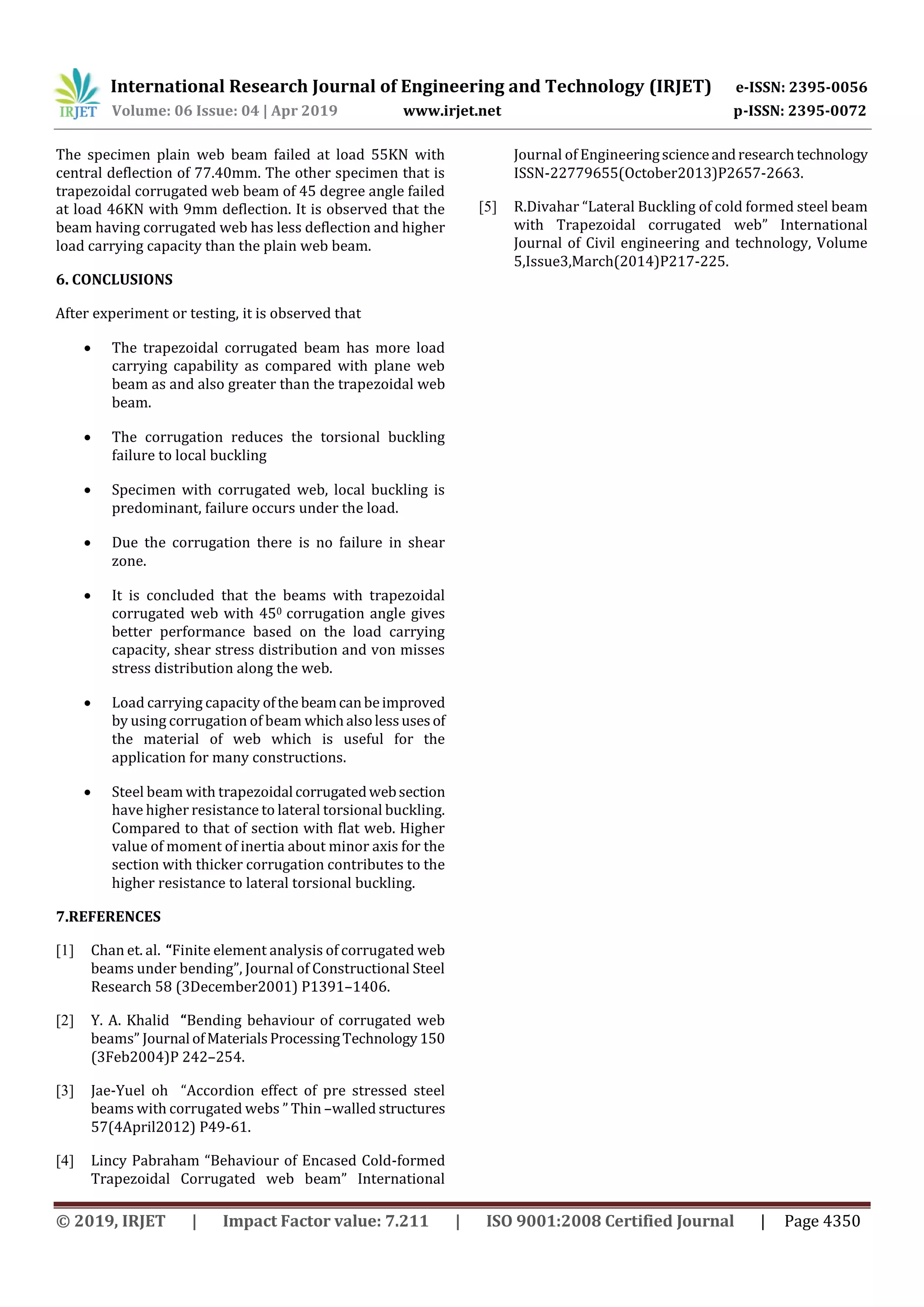 IRJET- Experimental Investigation of Steel Beam with Trapezoidal Corrugated Web Beam | PDF | Web ...