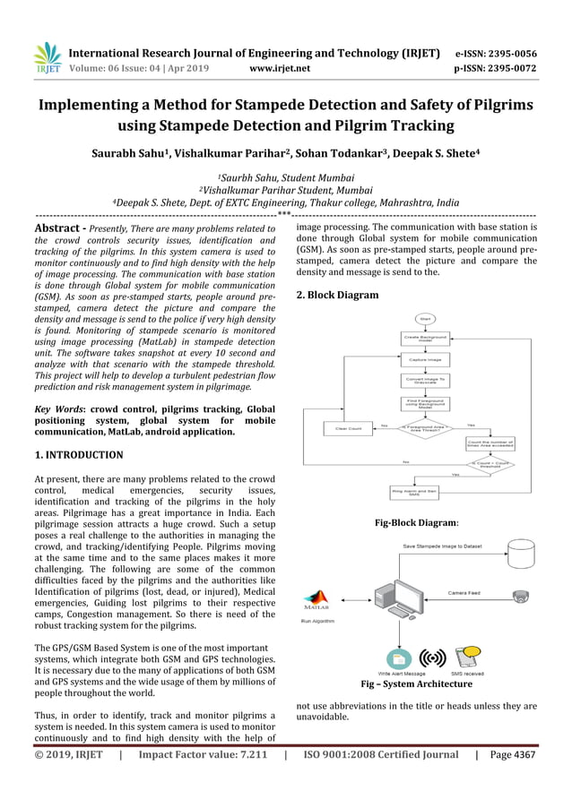 IRJET- Implementing a Method for Stampede Detection and Safety of ... IRJET- Implementing a Method for Stampede Detection and Safety of ...