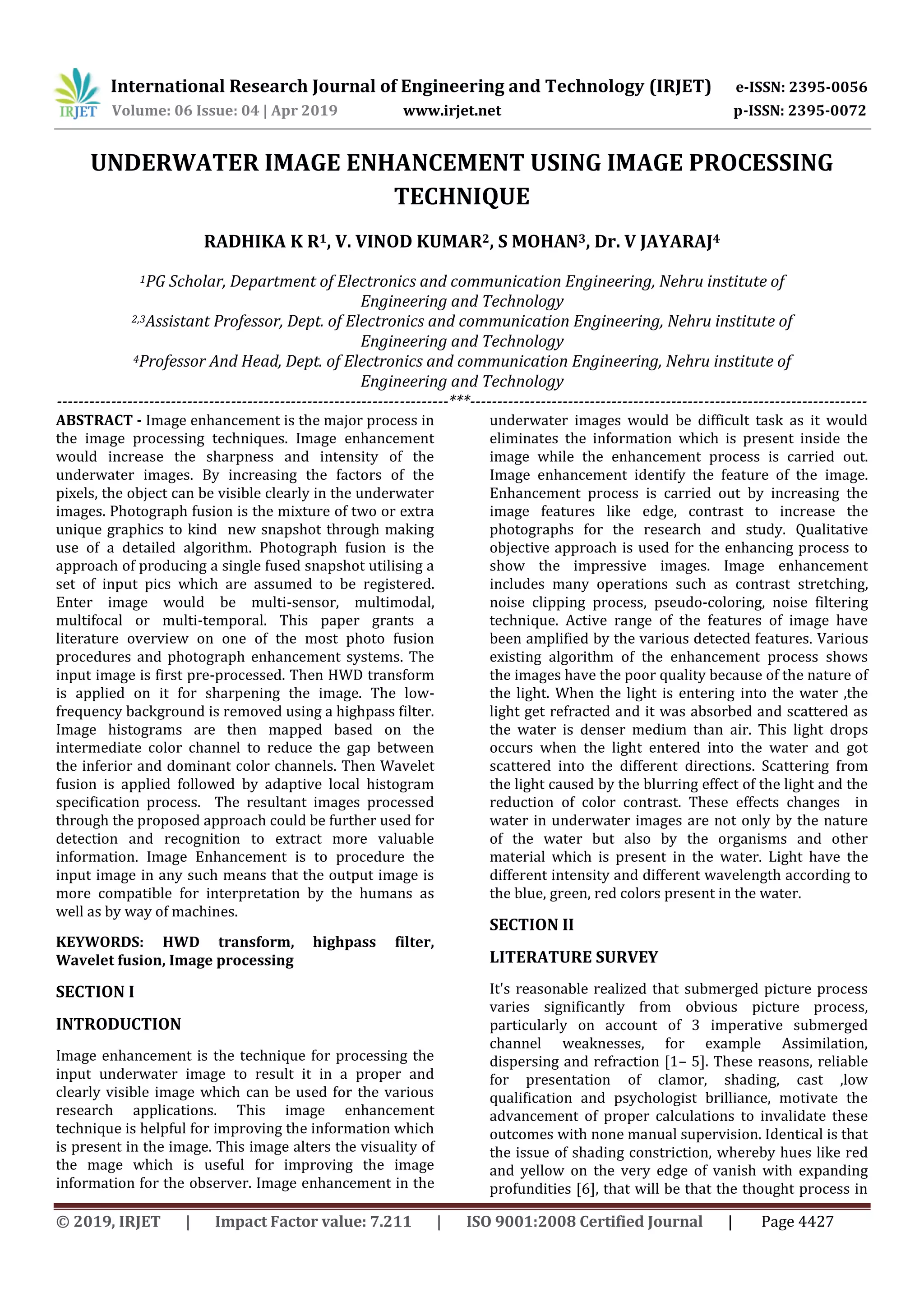 IRJET- Underwater Image Enhancement using Image Processing Technique | PDF