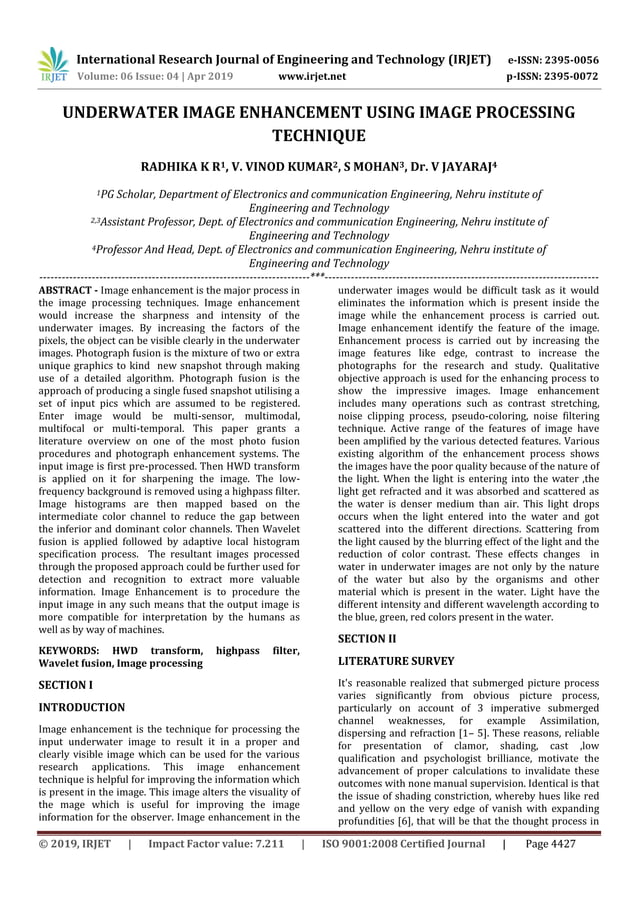 IRJET- Underwater Image Enhancement using Image Processing Technique | PDF