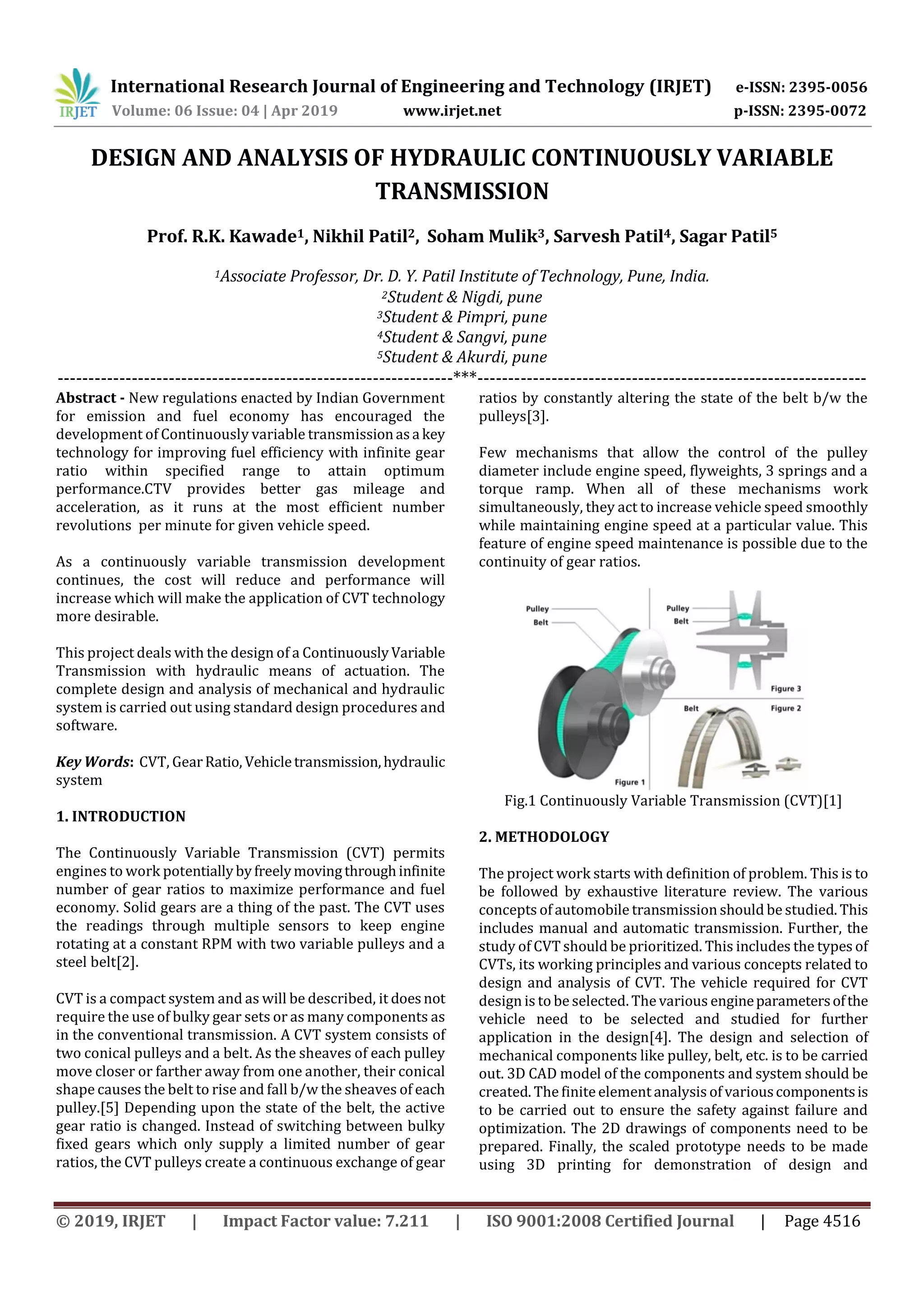 IRJET- Design and Analysis of Hydraulic Continuously Variable Transmission | PDF