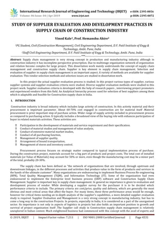 IRJET- Study of Supplier Evaluation and Development Practices in Supply Chain of Construction ...