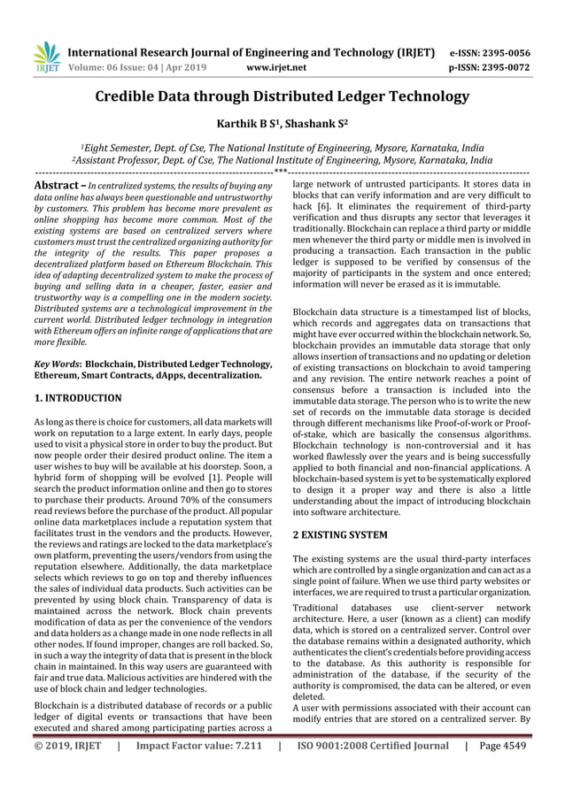 IRJET- Credible Data through Distributed Ledger Technology | PDF
