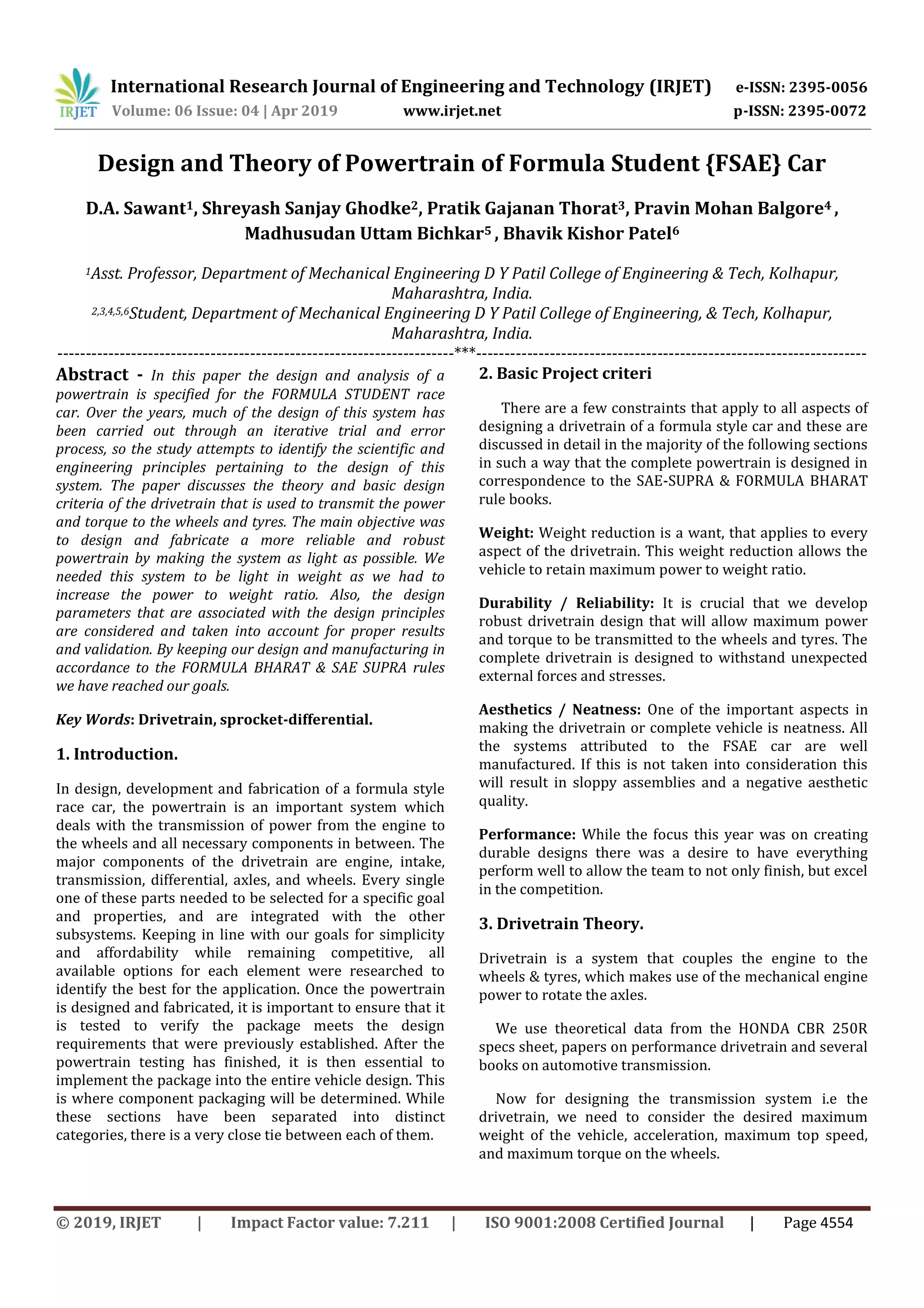 IRJET- Design and Theory of Powertrain of Formula Student {FSAE} Car | PDF