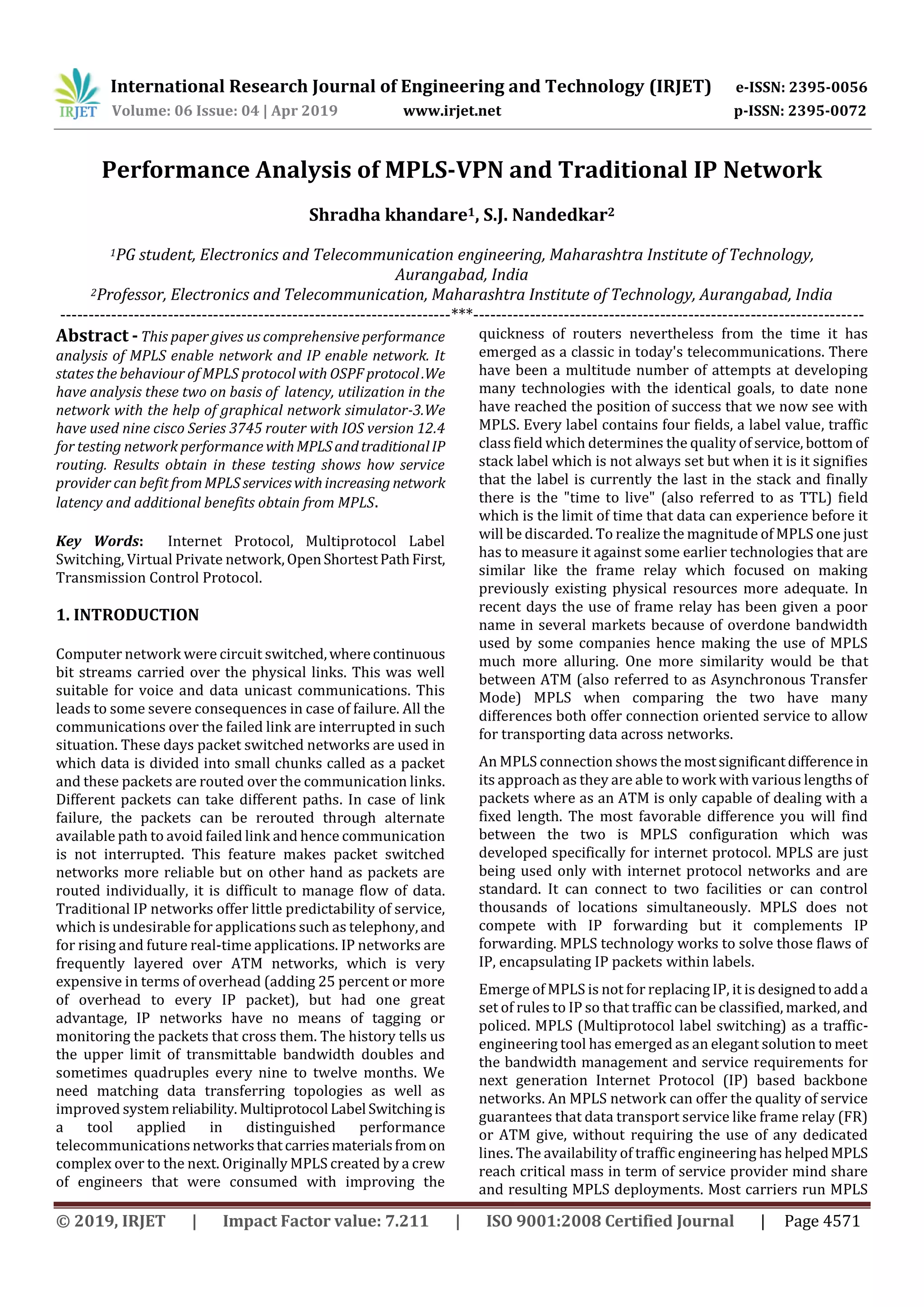 IRJET- Performance Analysis of MPLS-VPN and Traditional IP Network | PDF