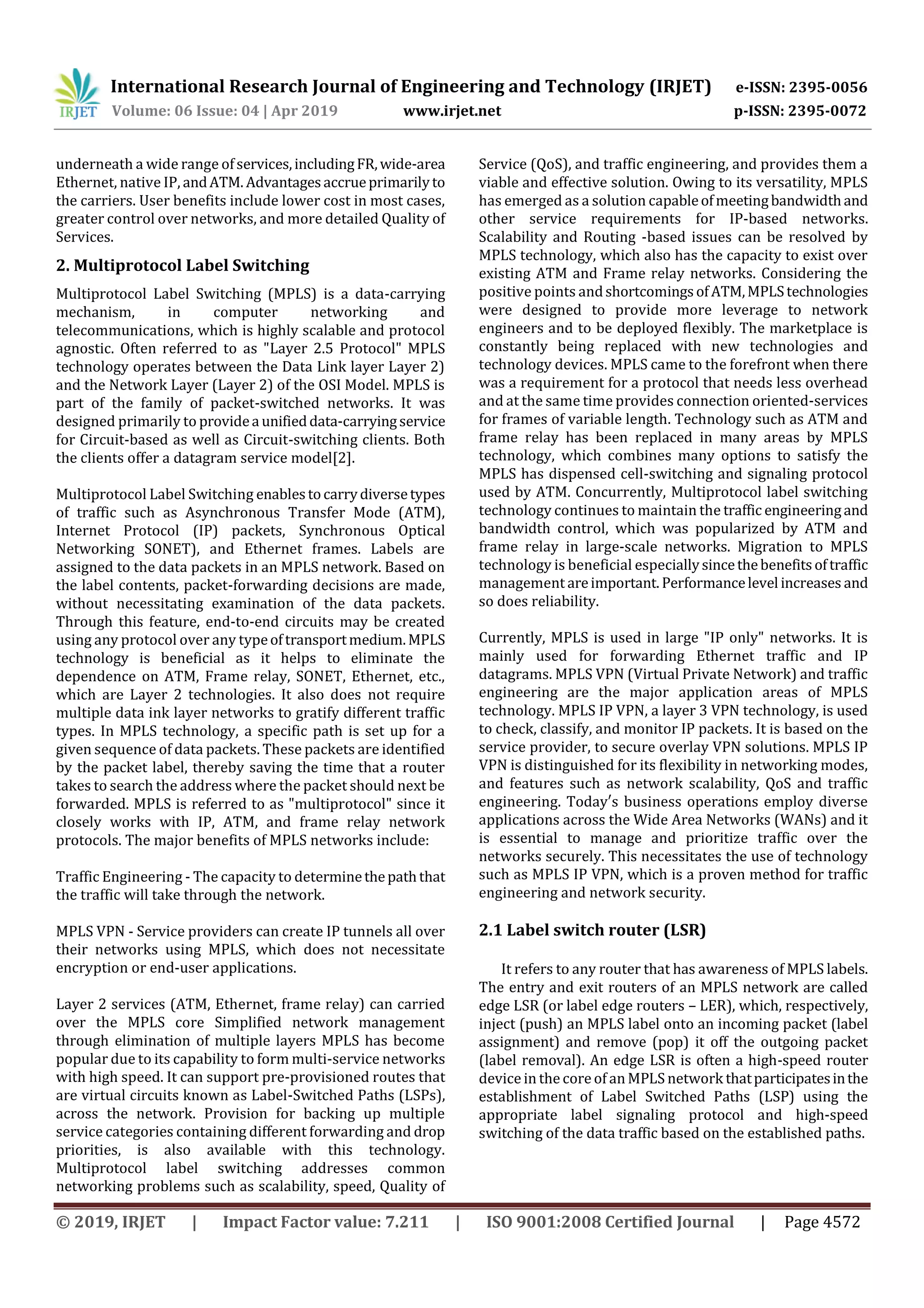 IRJET- Performance Analysis of MPLS-VPN and Traditional IP Network | PDF