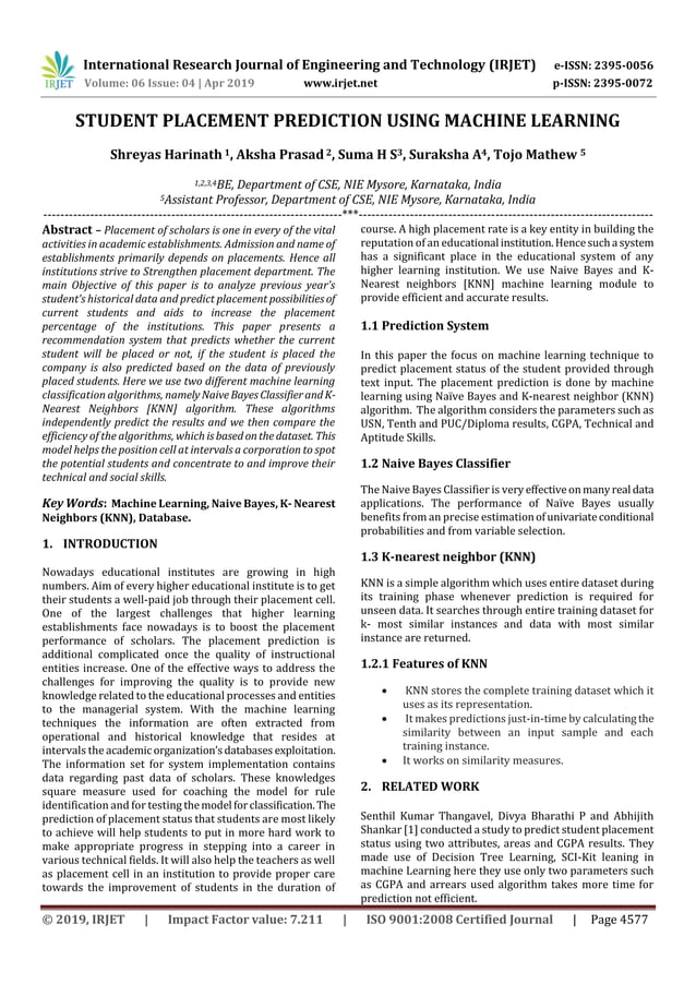 IRJET- Student Placement Prediction using Machine Learning | PDF