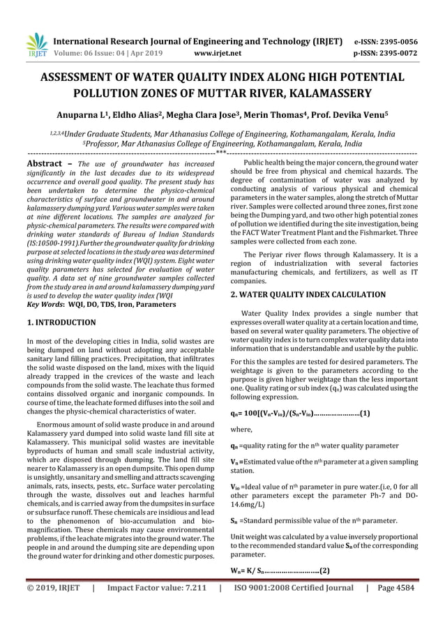 IRJET- Assessment of Water Quality Index along High Potential Pollution Zones of Muttar River ...