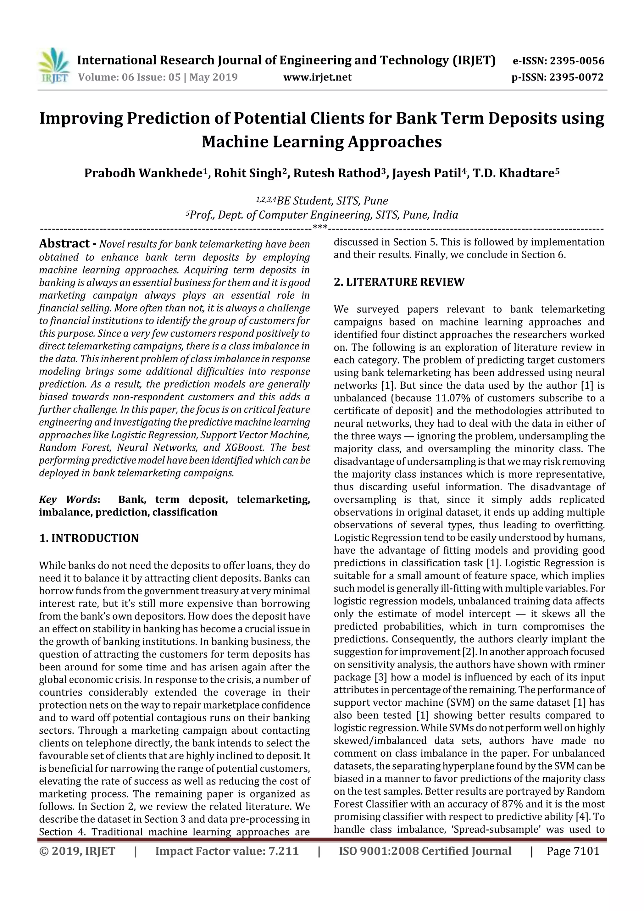 IRJET- Improving Prediction of Potential Clients for Bank Term Deposits ...