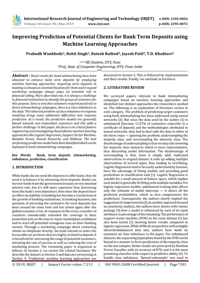 IRJET- Improving Prediction of Potential Clients for Bank Term Deposits ...