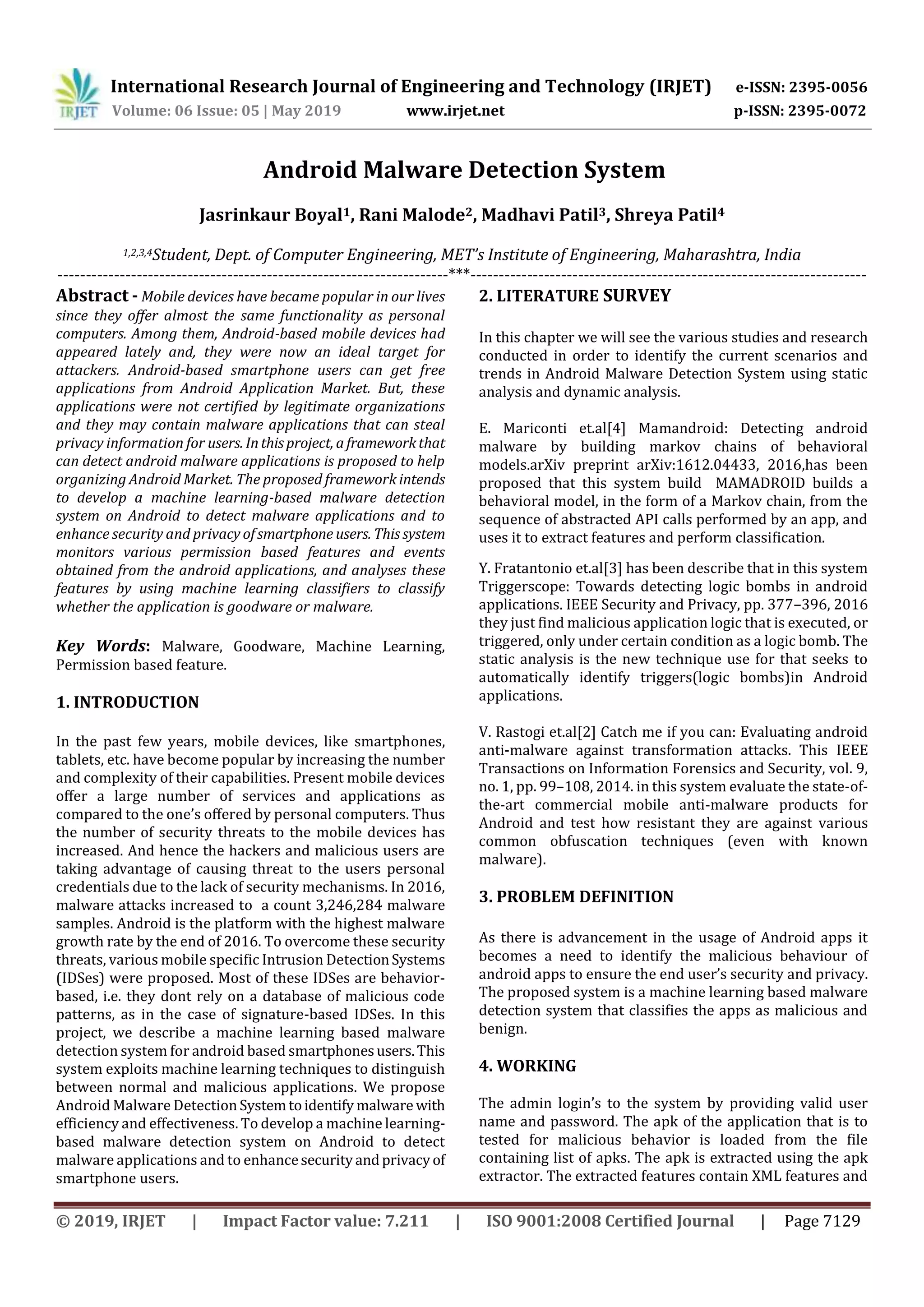 Irjet Android Malware Detection System Pdf Operating Systems Computer Software And