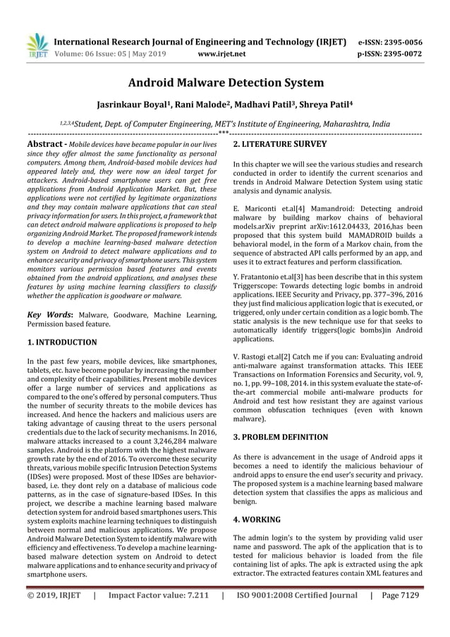 Irjet Android Malware Detection System Pdf Operating Systems Computer Software And