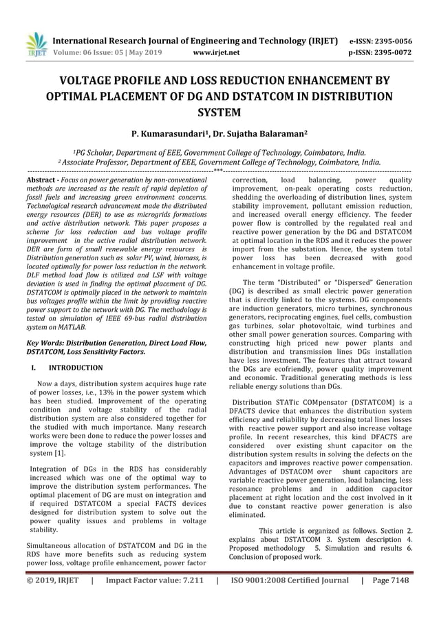 Irjet Voltage Profile And Loss Reduction Enhancement By Optimal Placement Of Dg And Dstatcom In