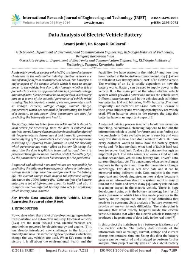 IRJET- Data Analysis of Electric Vehicle Battery | PDF