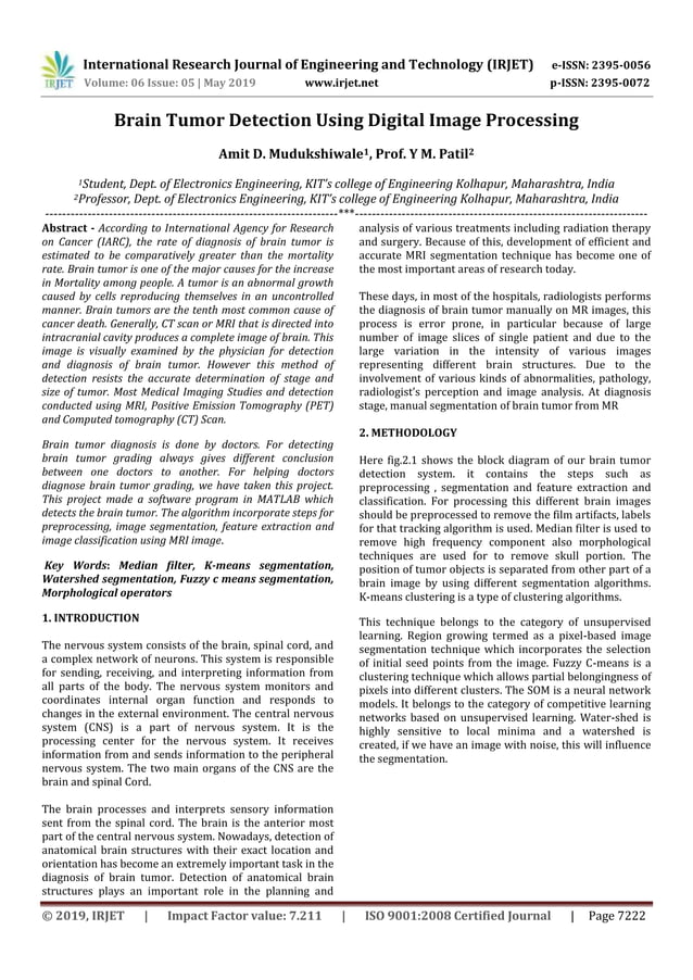 IRJET- Brain Tumor Detection using Digital Image Processing | PDF ...