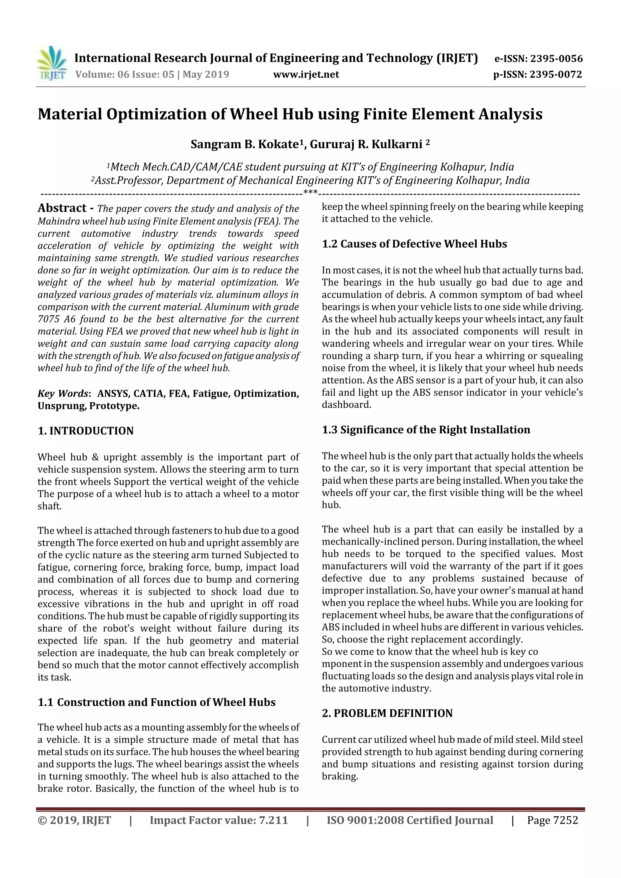 IRJET- Material Optimization of Wheel Hub using Finite Element Analysis | PDF