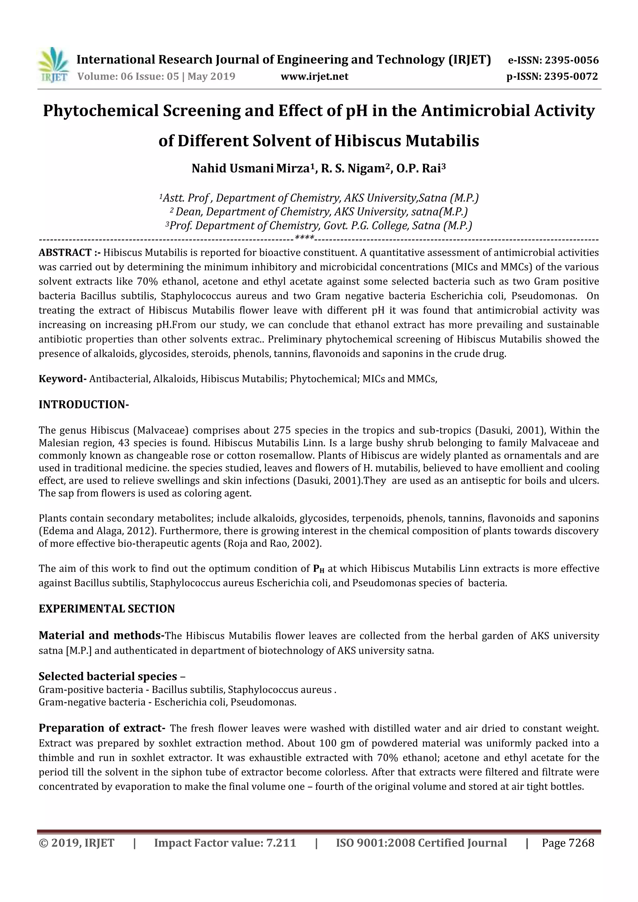 IRJET- Phytochemical Screening and Effect of PH in the Antimicrobial Activity of Different ...