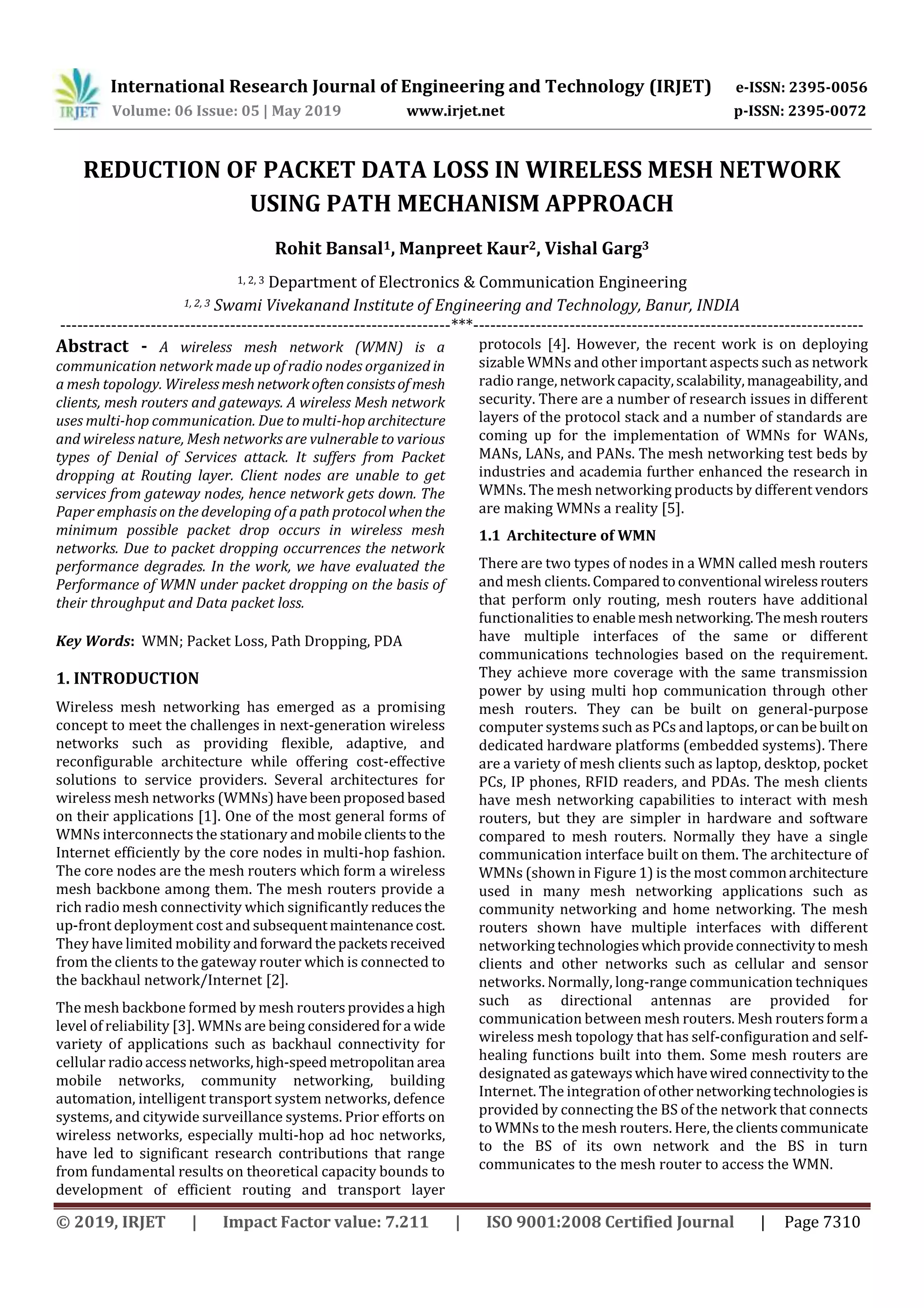 IRJET- Reduction of Packet Data Loss in Wireless Mesh Network using Path Mechanism Approach | PDF