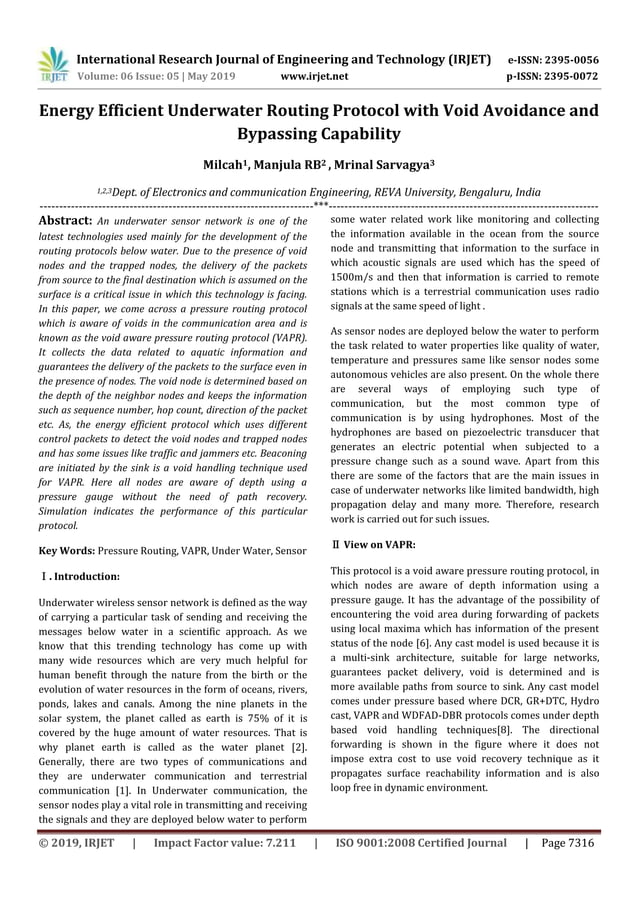 Irjet Energy Efficient Underwater Routing Protocol With Void Avoidance