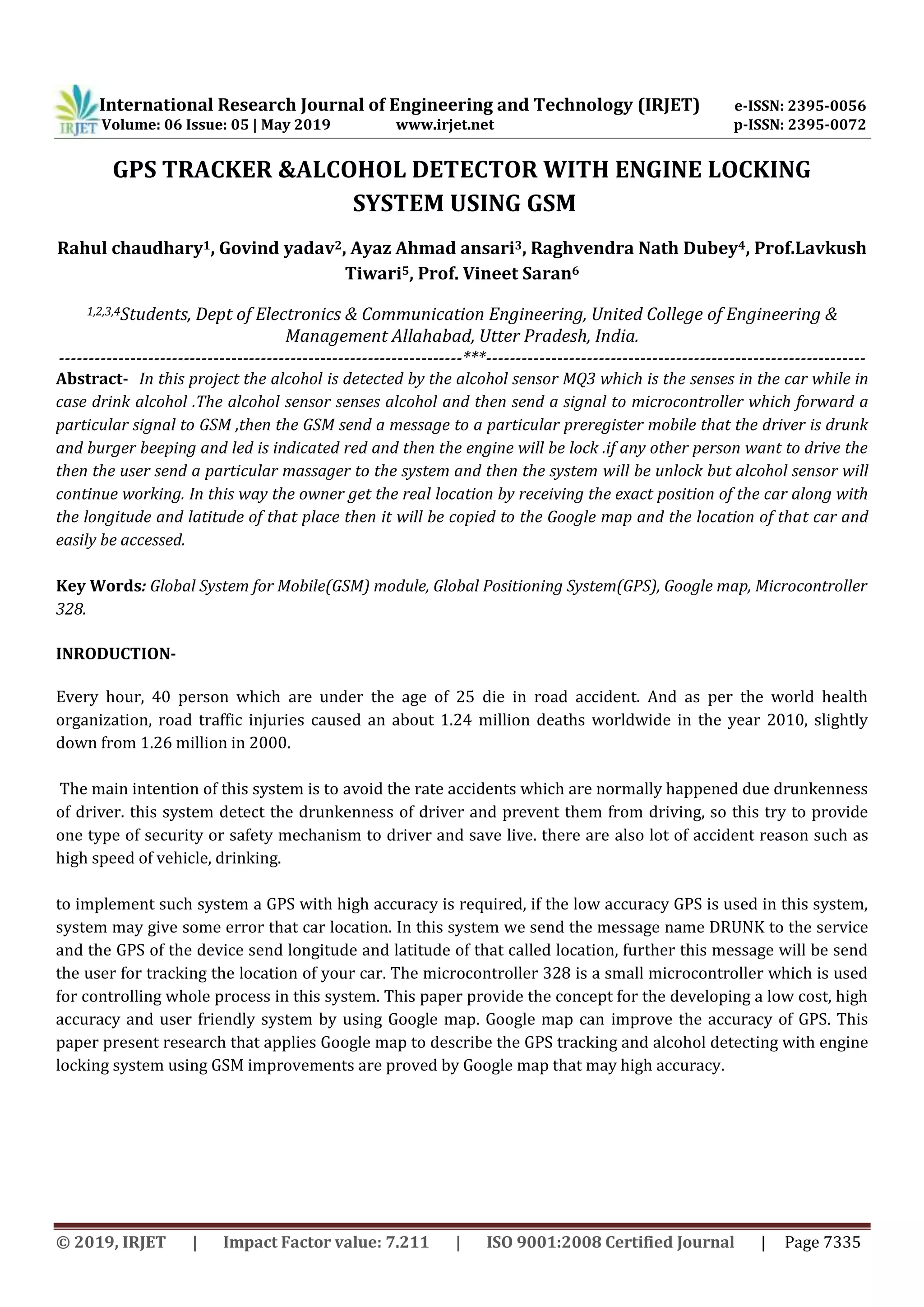 IRJET- GPS Tracker & Alcohol Detector with Engine Locking System using GSM | PDF