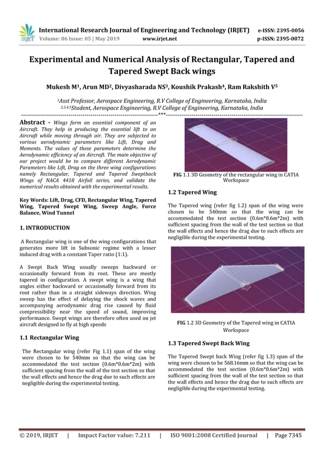 IRJET- Experimental and Numerical Analysis of Rectangular, Tapered and Tapered Swept Back Wings ...