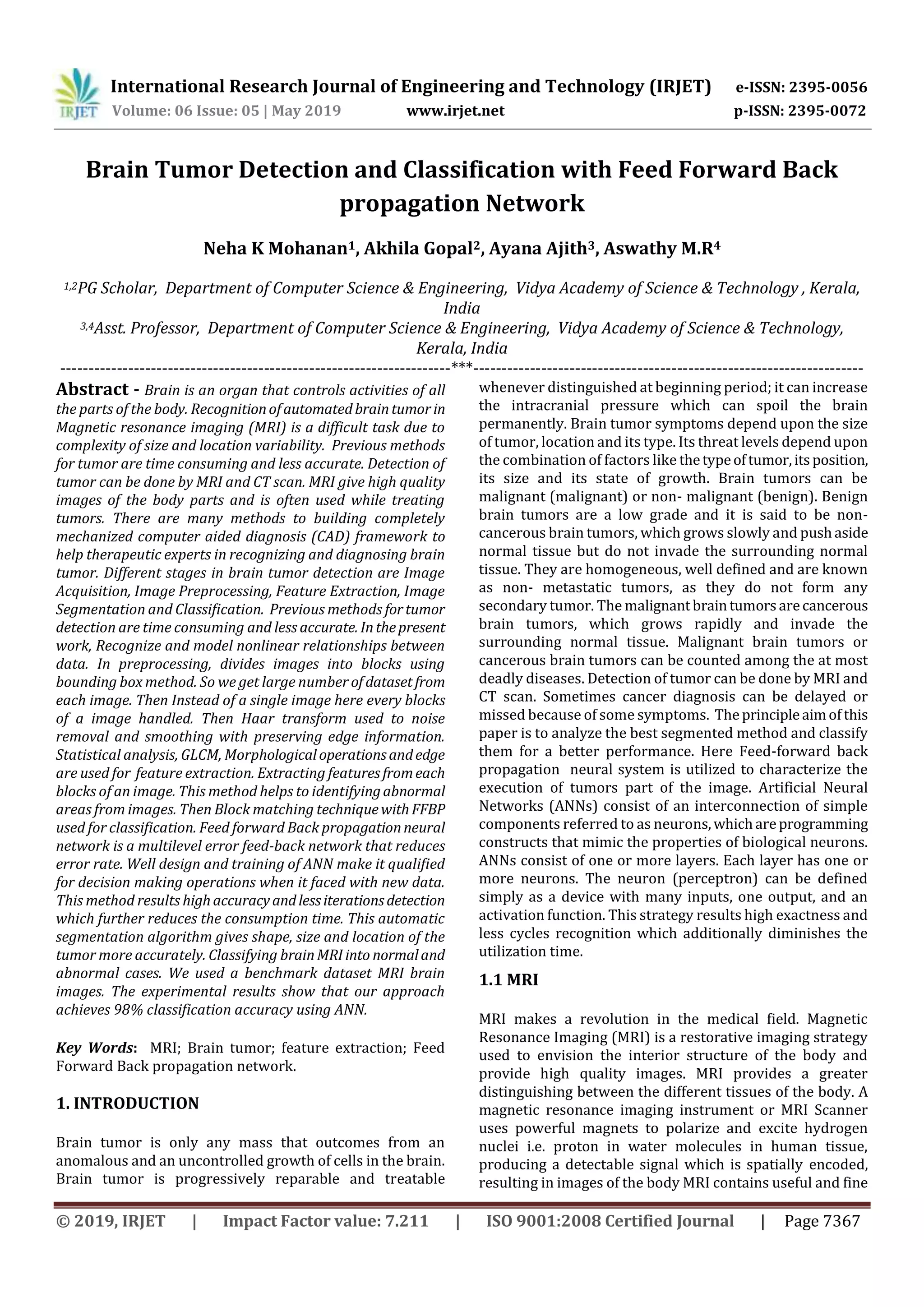 IRJET- Brain Tumor Detection and Classification with Feed Forward Back Propagation Network | PDF