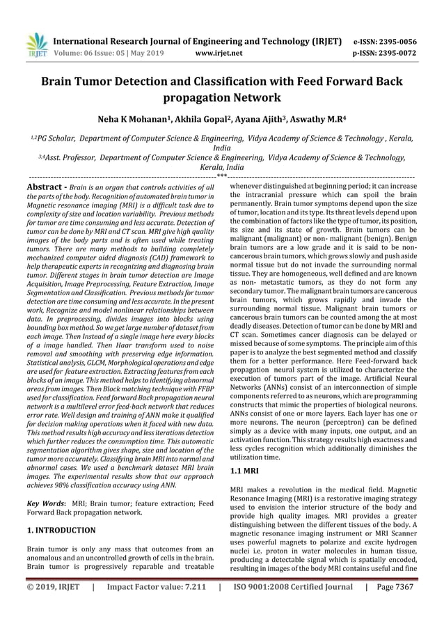 IRJET- Brain Tumor Detection and Classification with Feed Forward Back Propagation Network | PDF