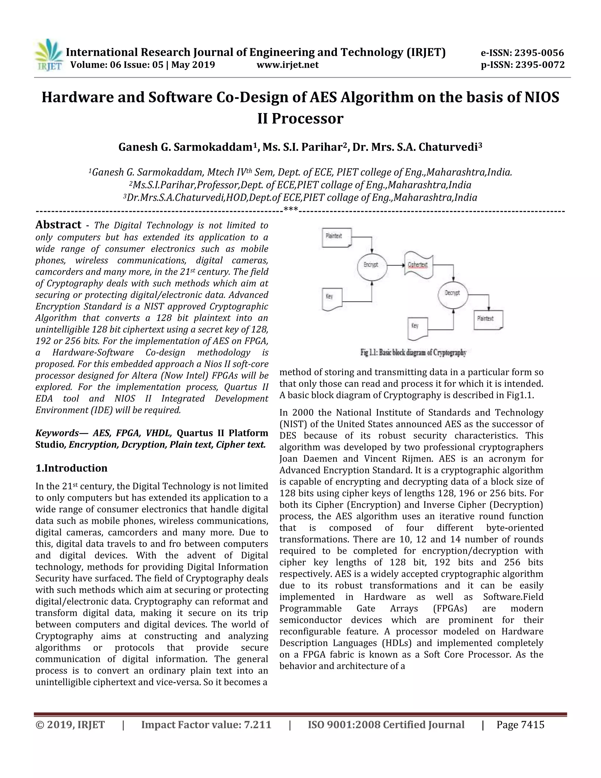 IRJET- Hardware and Software Co-Design of AES Algorithm on the basis of NIOS II Processor | PDF