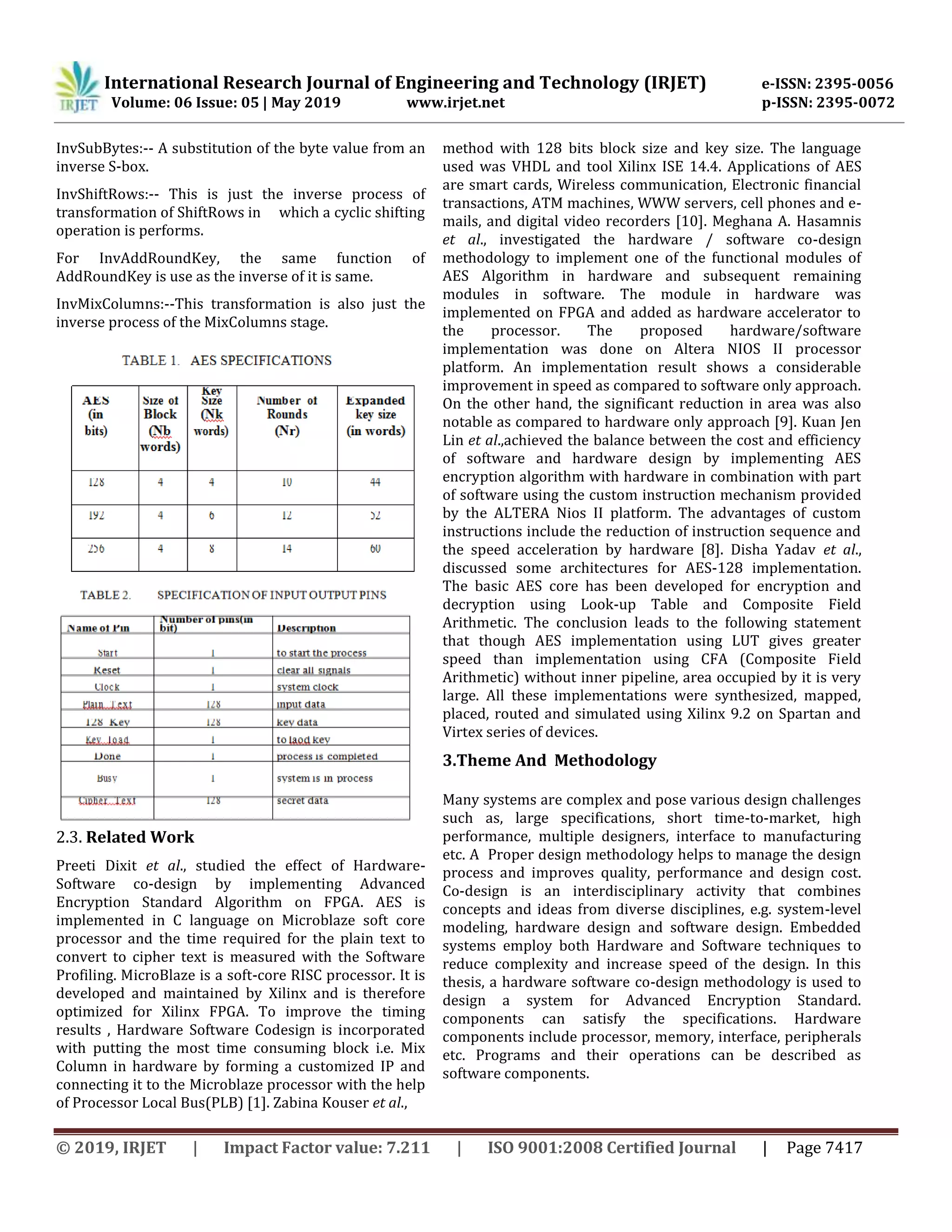 IRJET- Hardware and Software Co-Design of AES Algorithm on the basis of NIOS II Processor | PDF