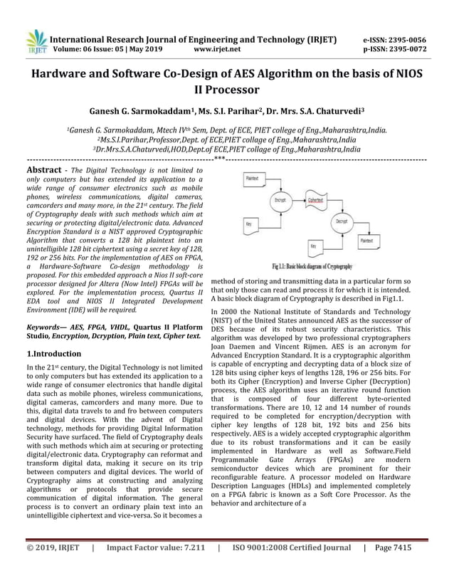 IRJET- Hardware and Software Co-Design of AES Algorithm on the basis of NIOS II Processor | PDF