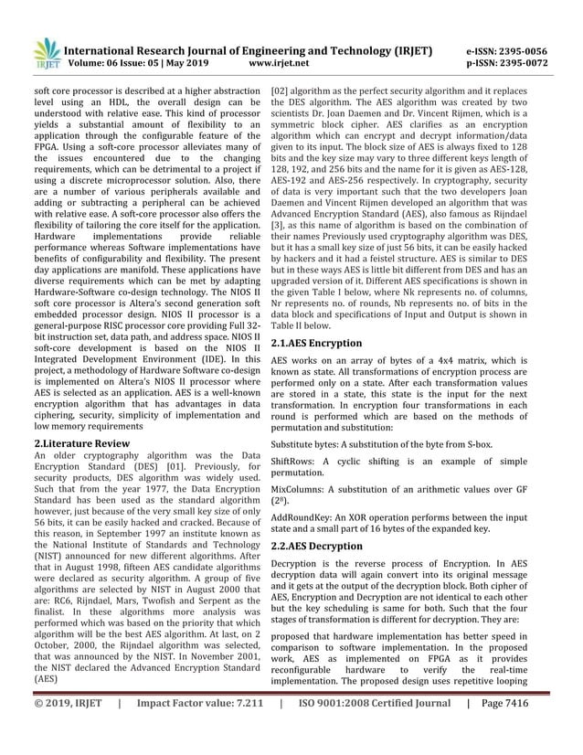 IRJET- Hardware and Software Co-Design of AES Algorithm on the basis of NIOS II Processor | PDF