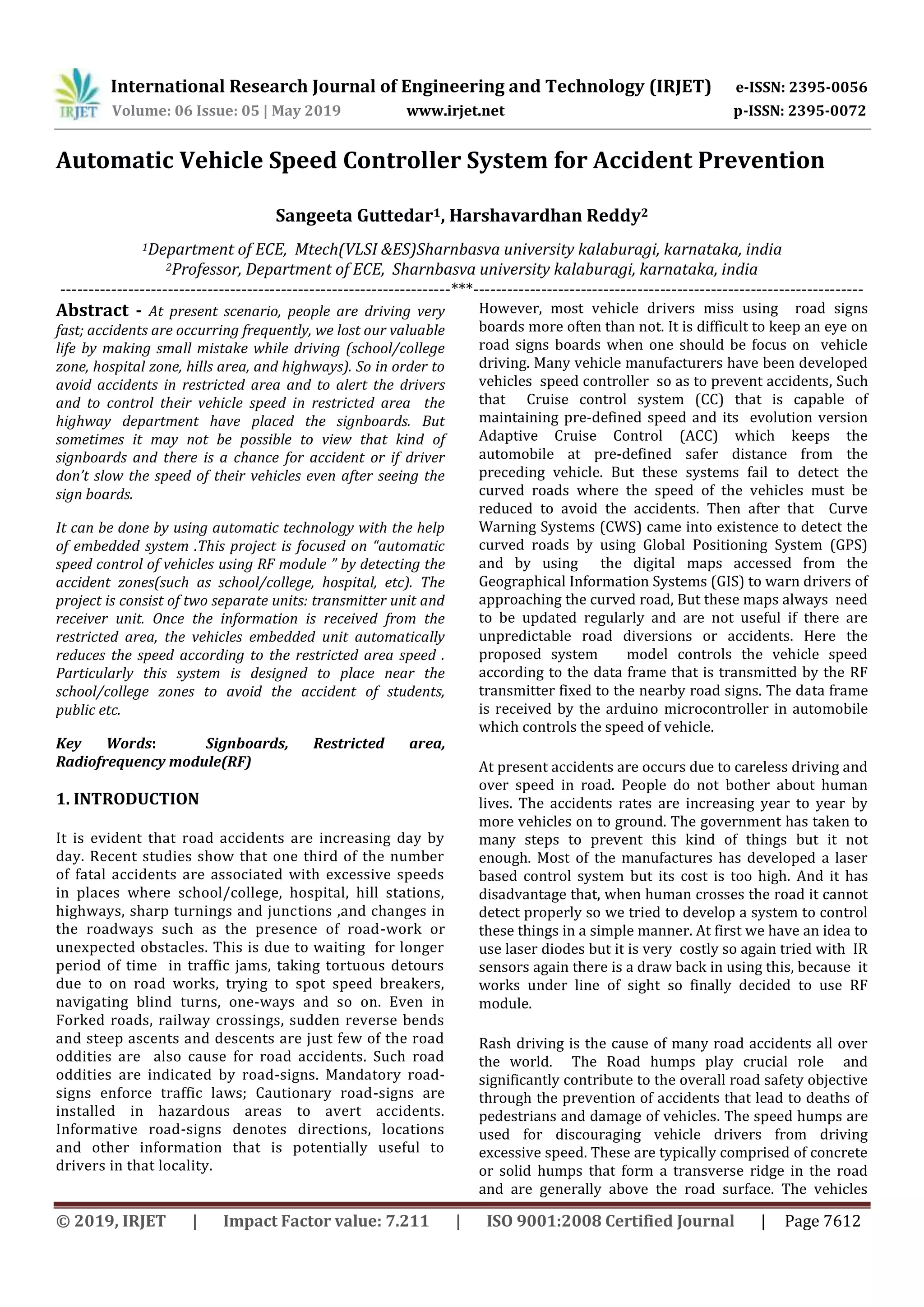IRJET- Automatic Vehicle Speed Controller System for Accident ...
