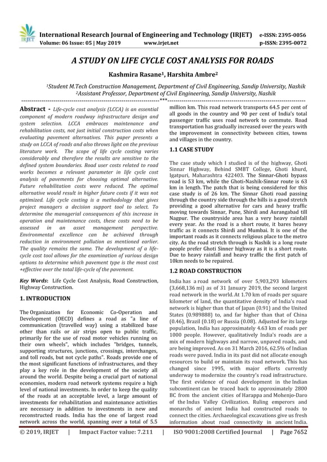IRJET- A Study on Life Cycle Cost Analysis for Roads | PDF
