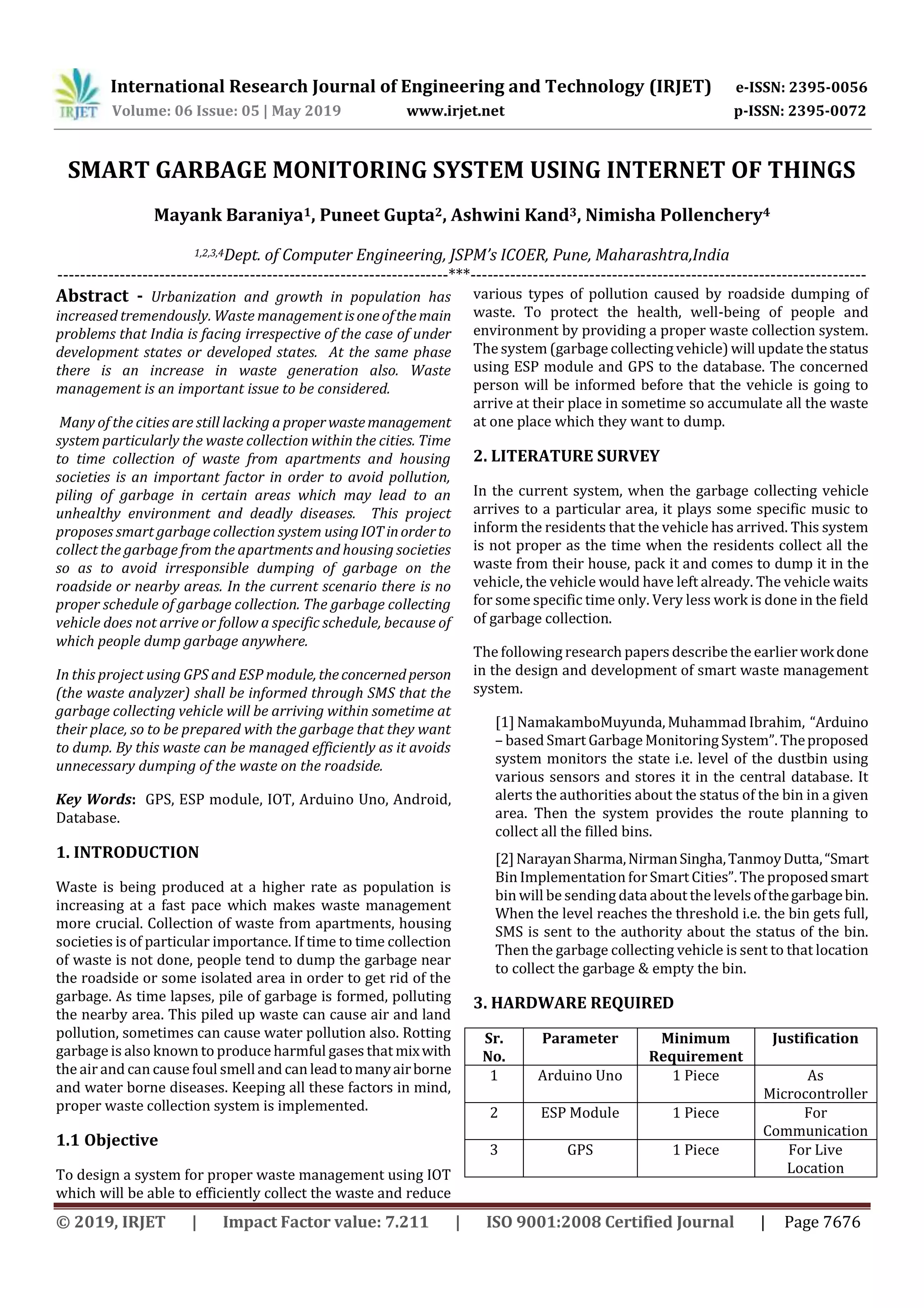 IRJET- Smart Garbage Monitoring System using Internet of Things | PDF IRJET- Smart Garbage Monitoring System using Internet of Things | PDF