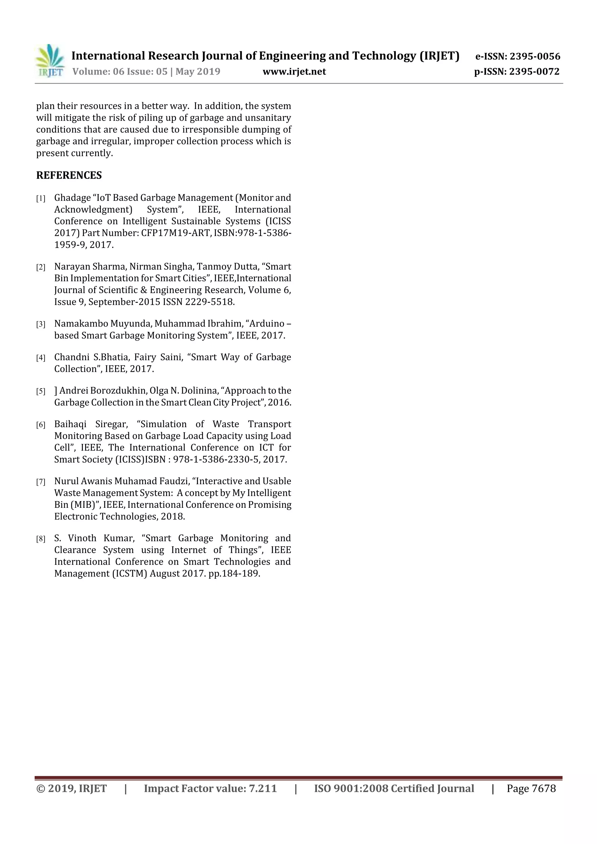 IRJET- Smart Garbage Monitoring System using Internet of Things | PDF | Environmental Services ...