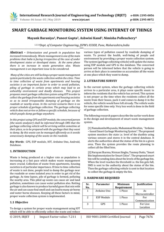 IRJET- Smart Garbage Monitoring System using Internet of Things | PDF