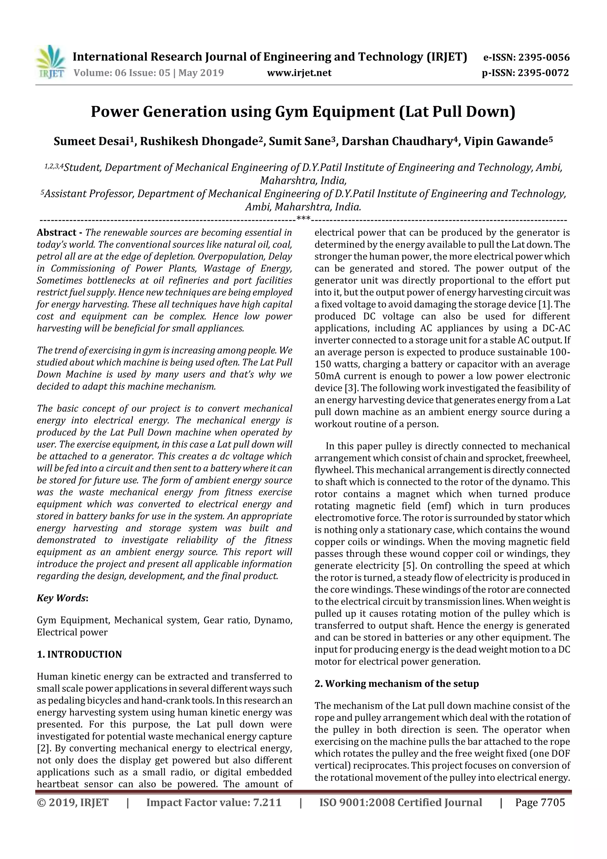 IRJET- Power Generation using GYM Equipment (Lat Pull Down) | PDF