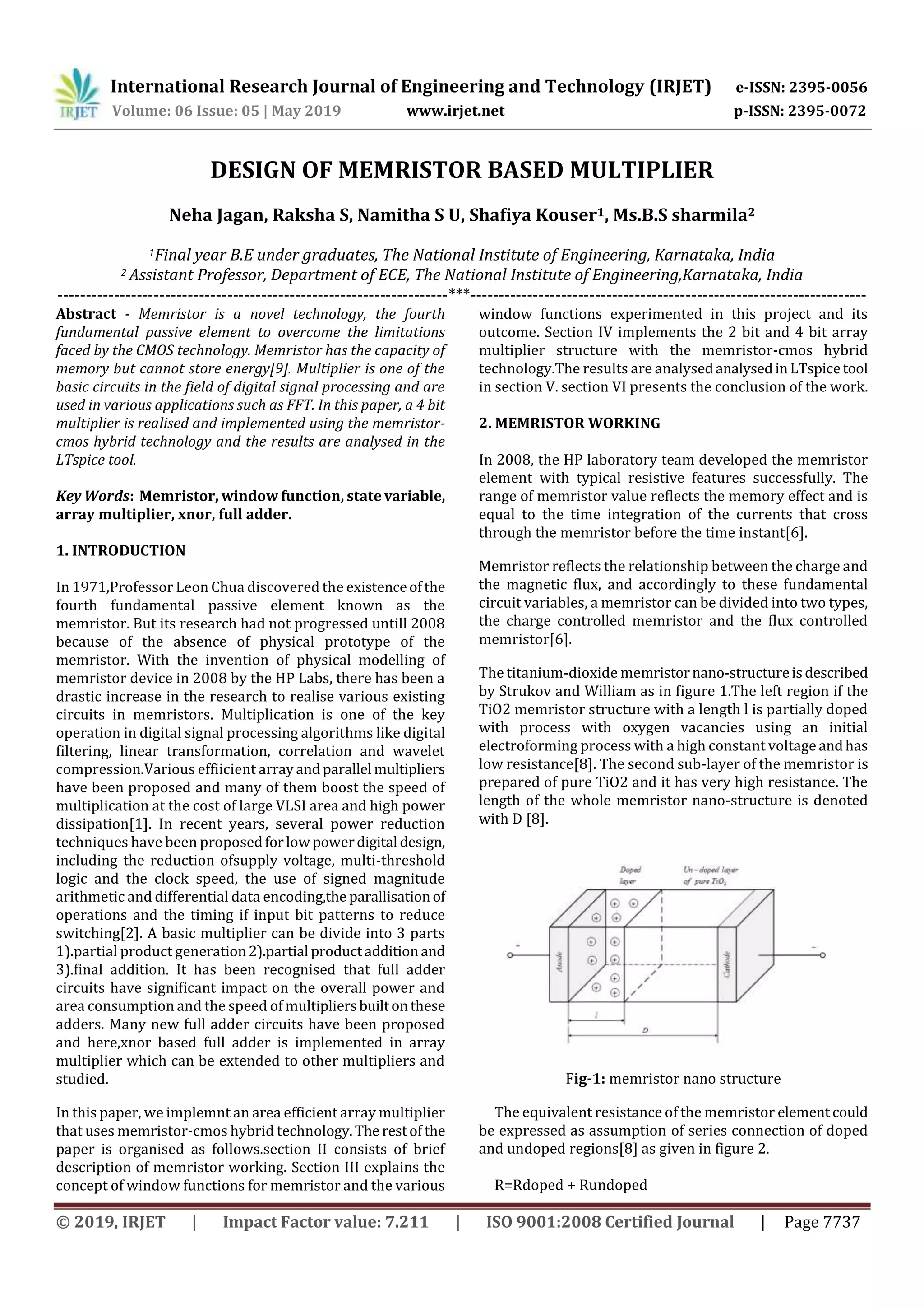 IRJET- Design of Memristor based Multiplier | PDF