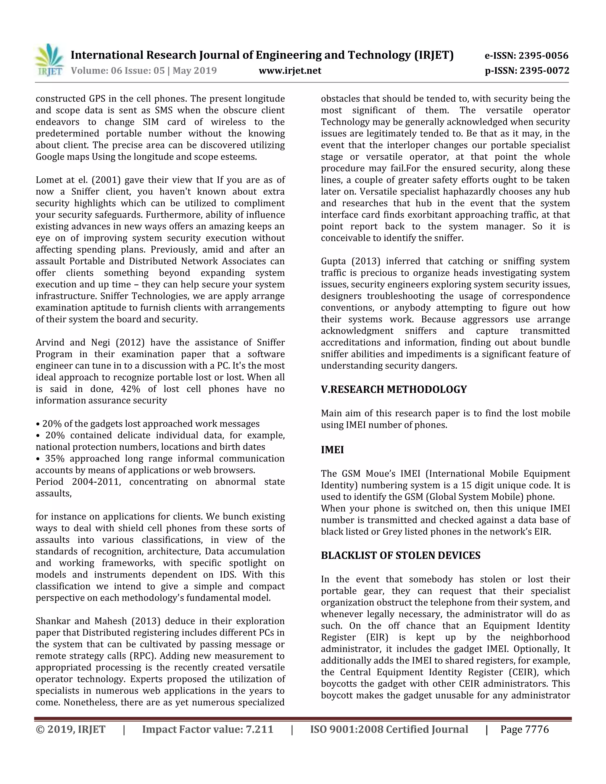 IRJET- Sniffer for Tracking Lost Mobile | PDF