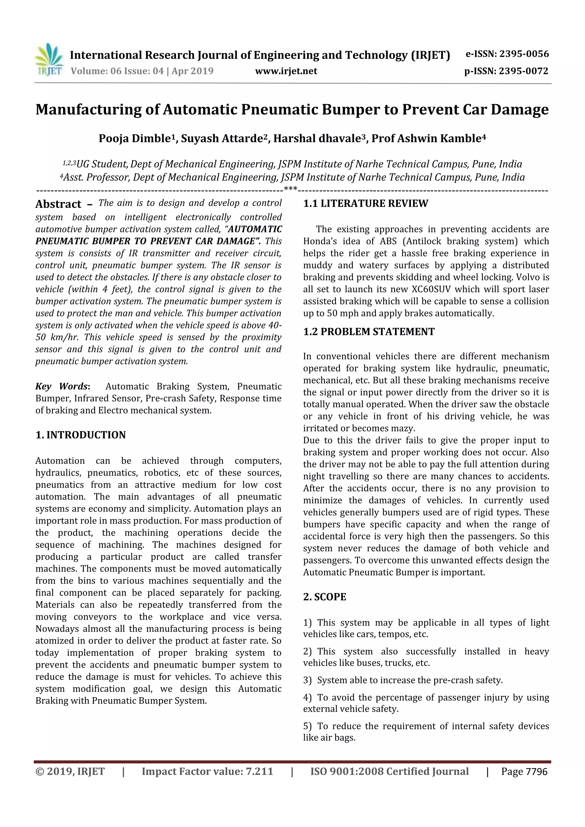 IRJET- Manufacturing of Automatic Pneumatic Bumper to Prevent Car ...