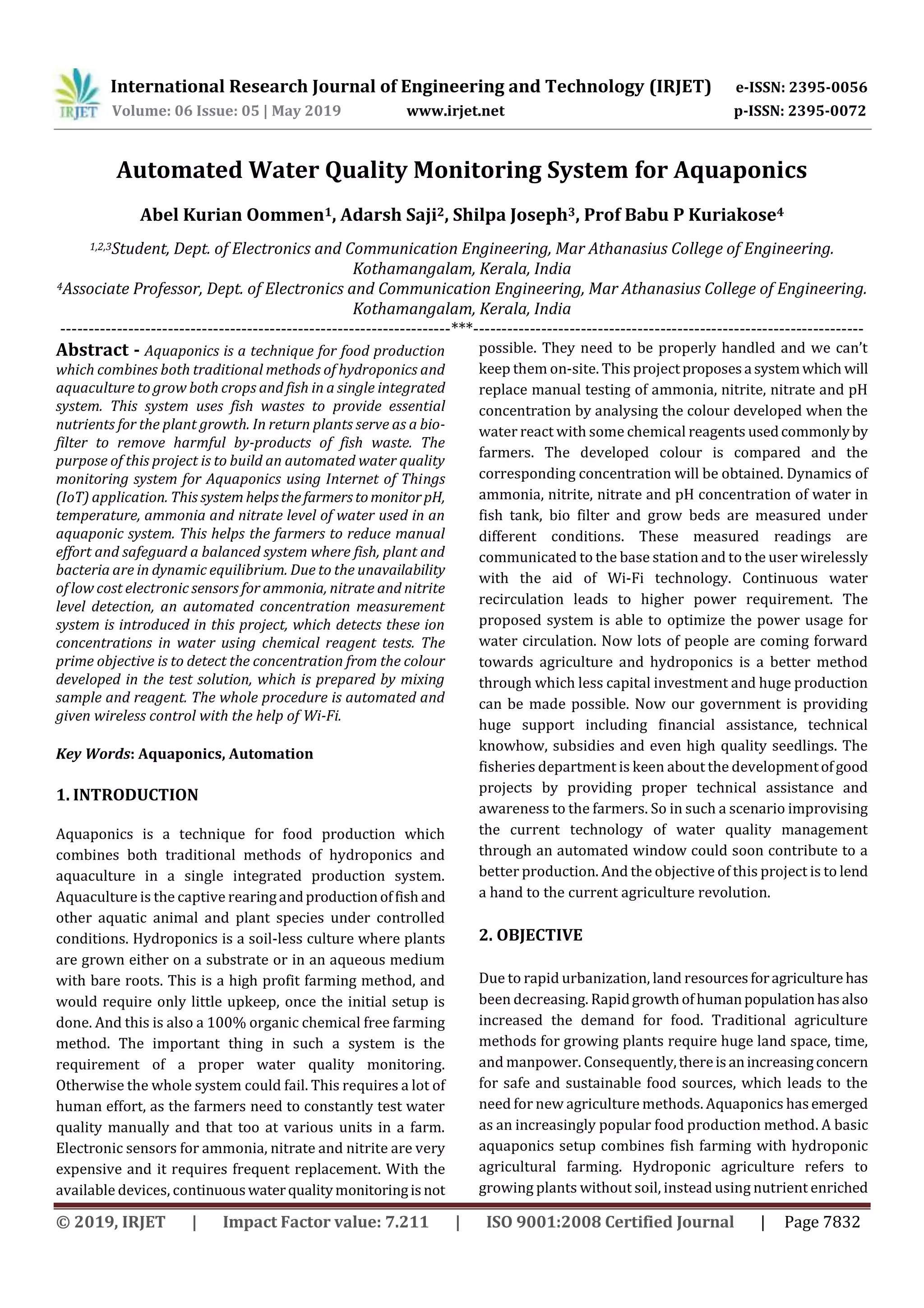 IRJET- Automated Water Quality Monitoring System for Aquaponics | PDF