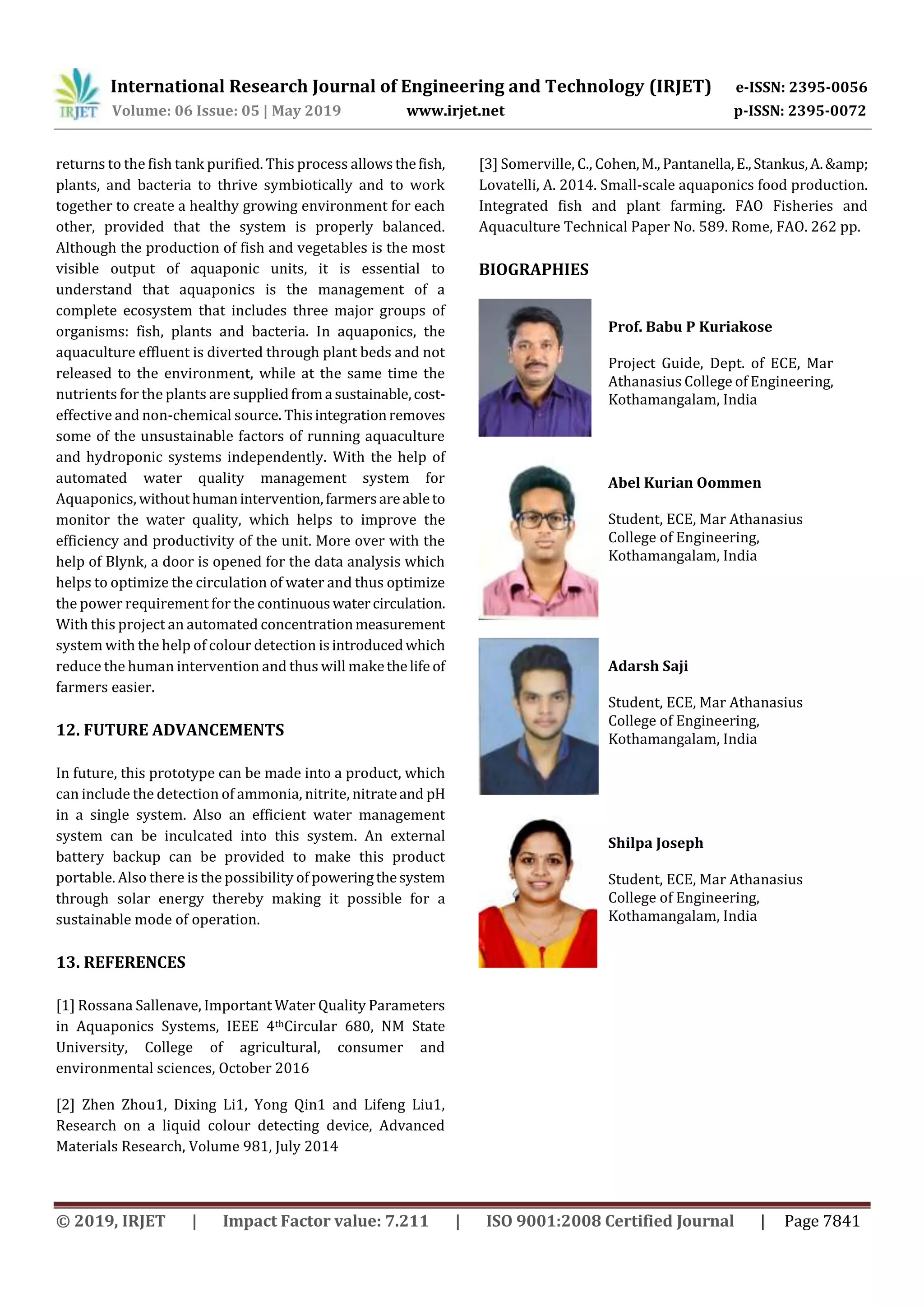 IRJET- Automated Water Quality Monitoring System for Aquaponics | PDF