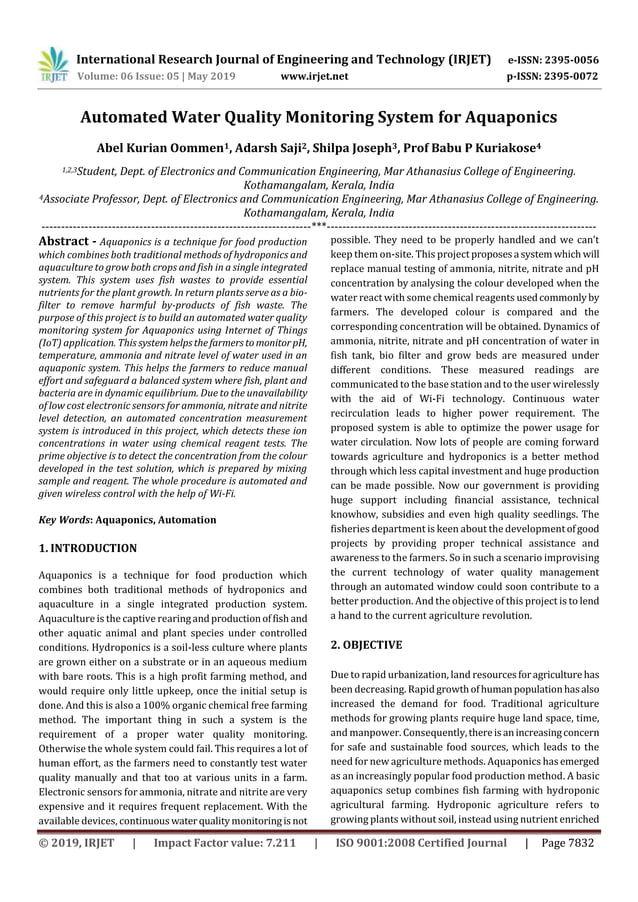 IRJET- Automated Water Quality Monitoring System for Aquaponics | PDF ...