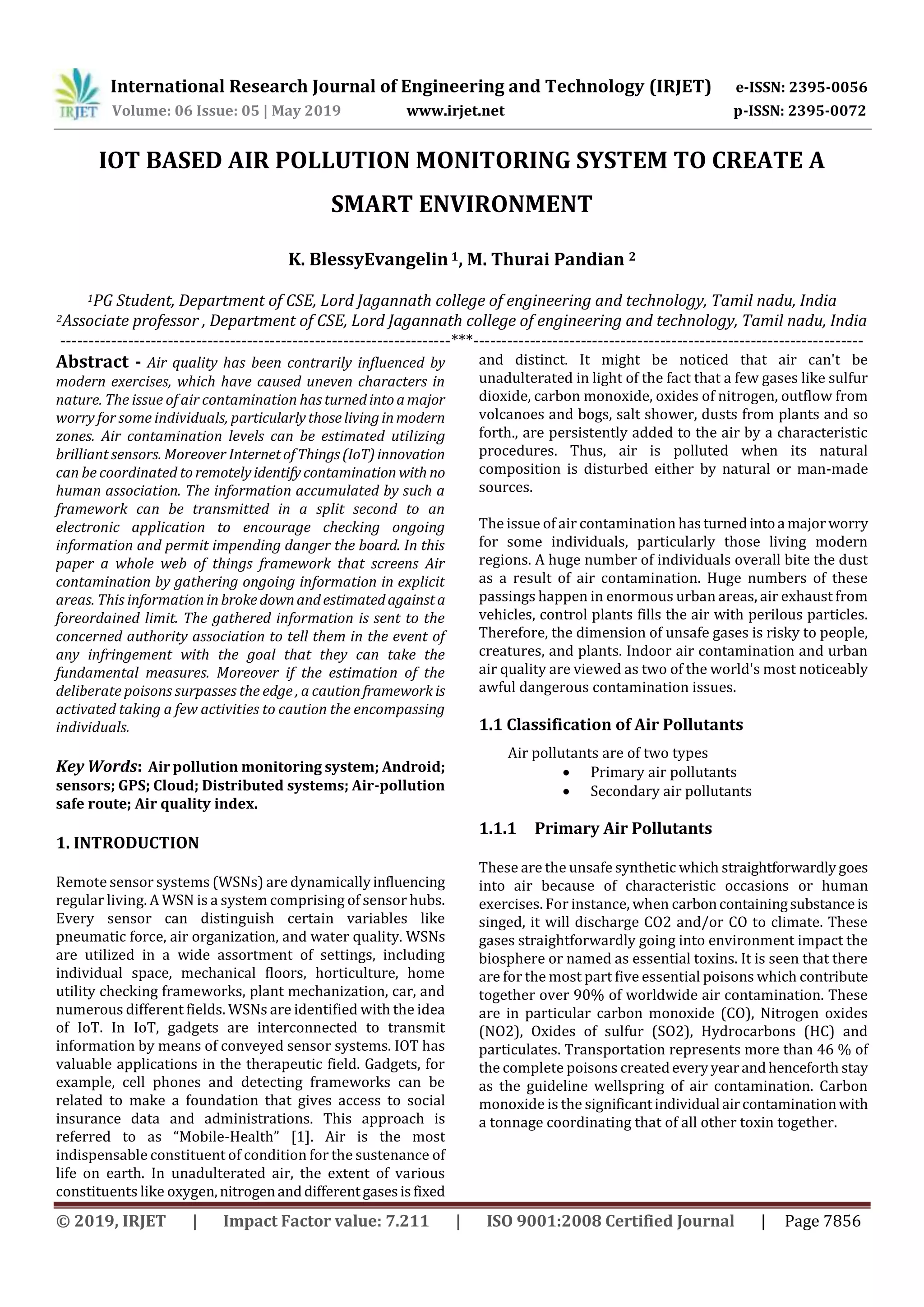 IRJET- IoT based Air Pollution Monitoring System to Create a Smart ...