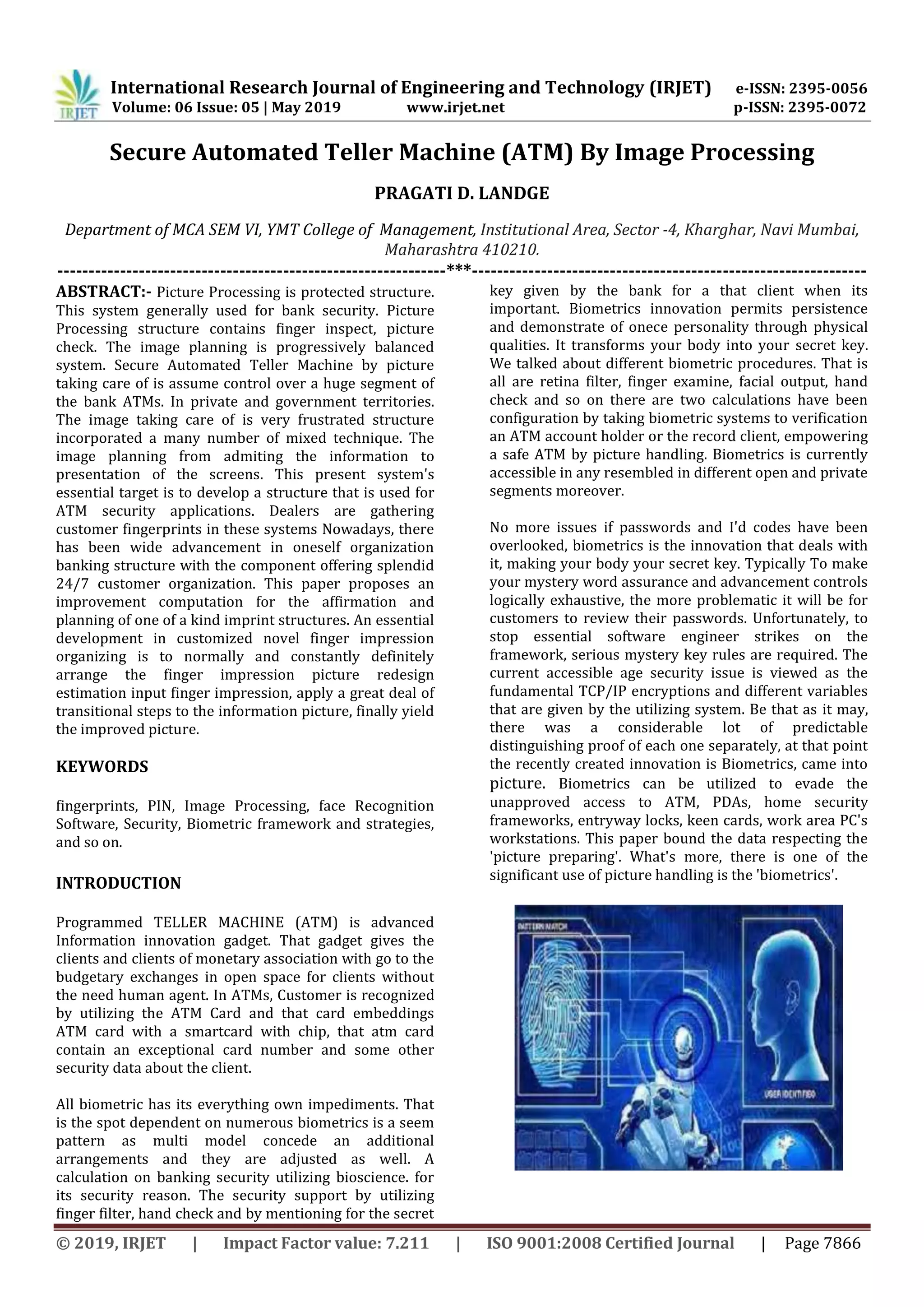 IRJET- Secure Automated Teller Machine (ATM) by Image Processing | PDF | Technology & Computing