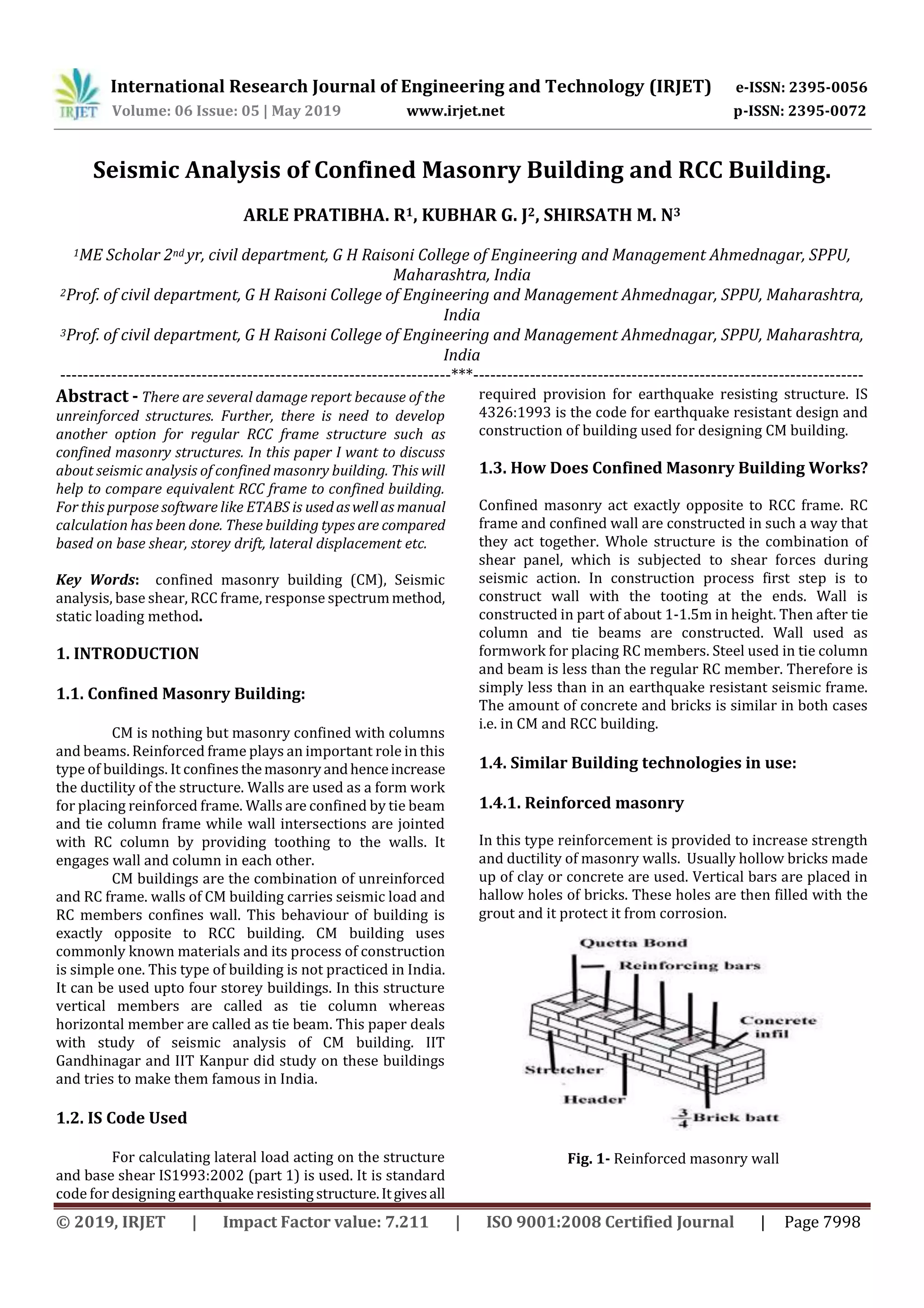 IRJET- Seismic Analysis of Confined Masonry Building and RCC Building | PDF