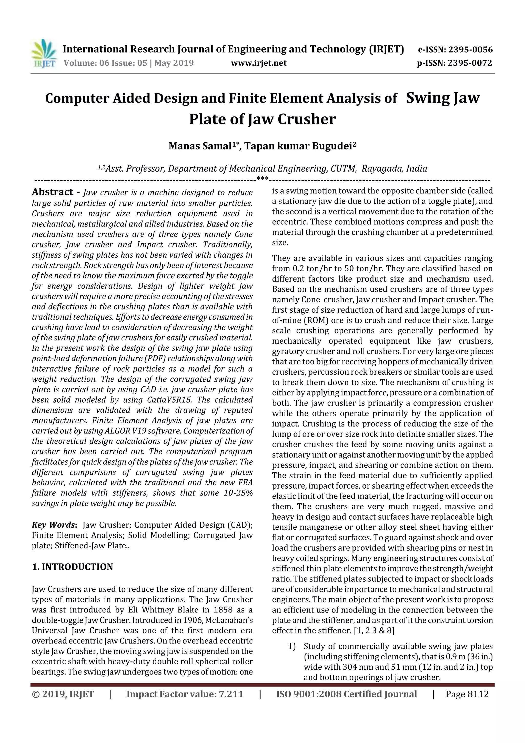 IRJET- Computer Aided Design and Finite Element Analysis of Swing Jaw Plate of Jaw Crusher | PDF